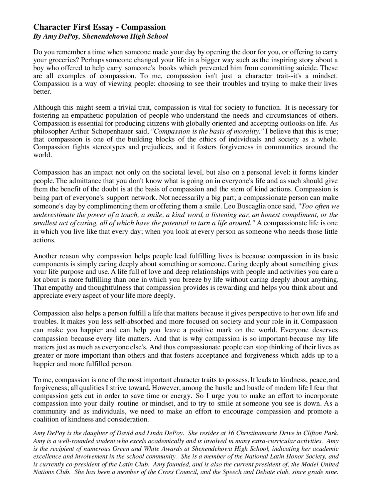 Character First Essay - Compassion | Study notes Latin language - Docsity