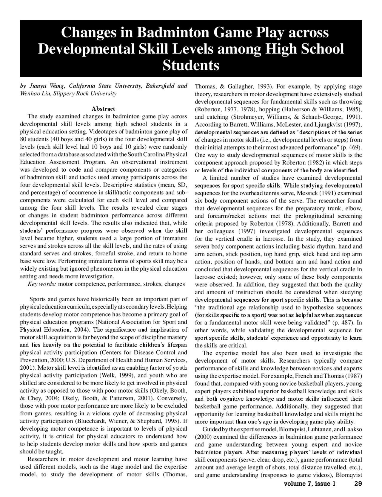 Badminton Game Play Changes in High School Students: Expert-Novice ...