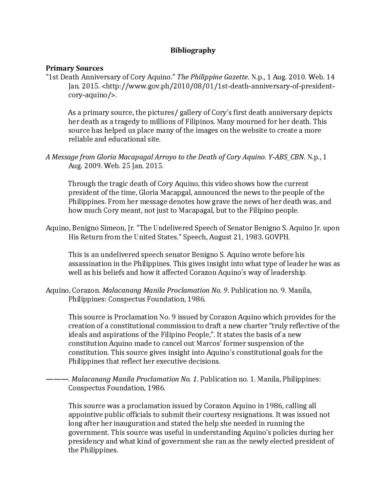 Bibliography Primary Sources "1st Death Anniversary of Cory ...