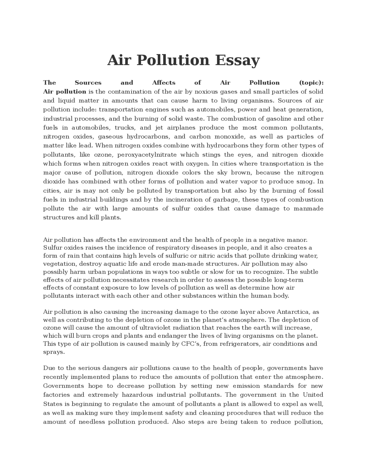 Air Pollution Essay | Study notes Fossil Fuels | Docsity