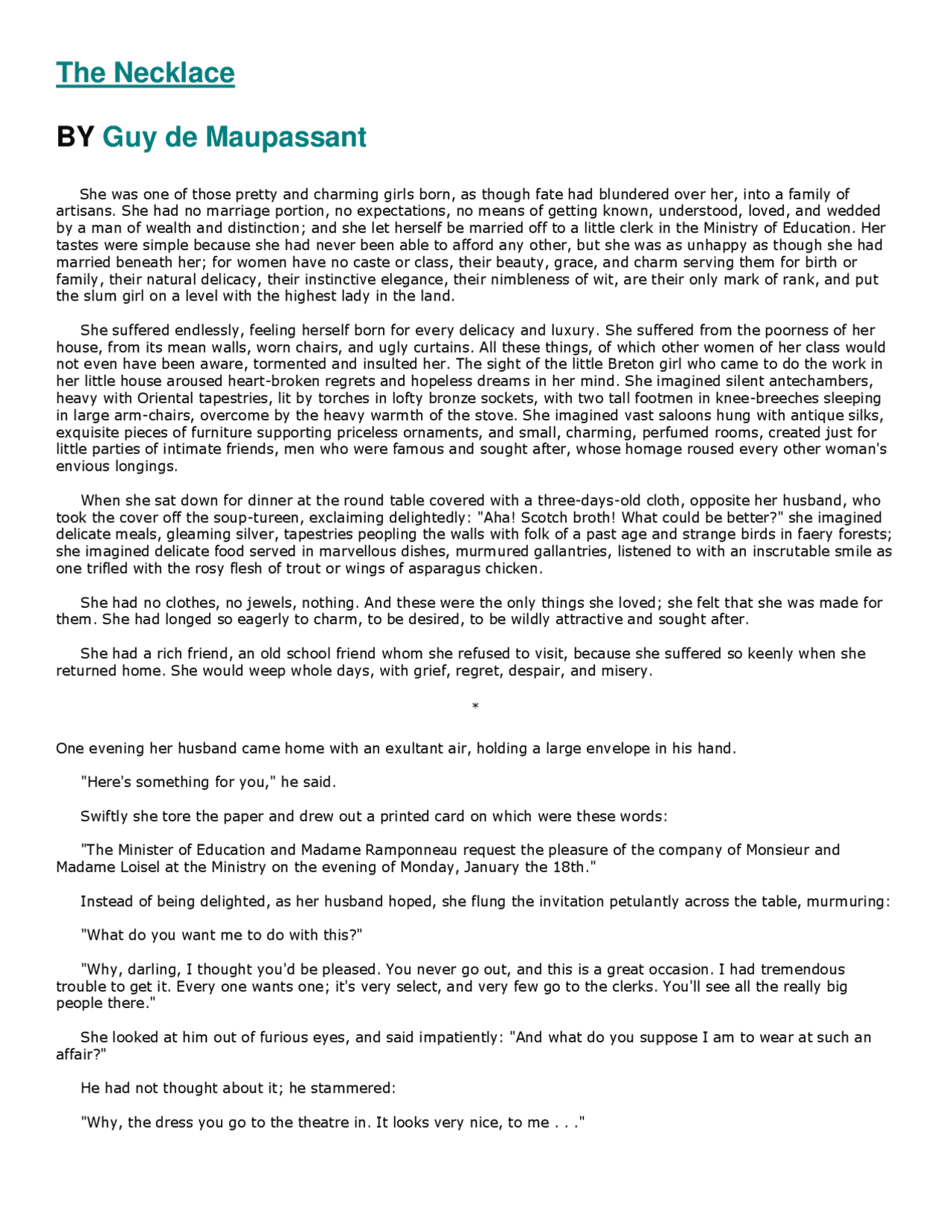 The Necklace BY Guy de Maupassant | Study notes Voice | Docsity