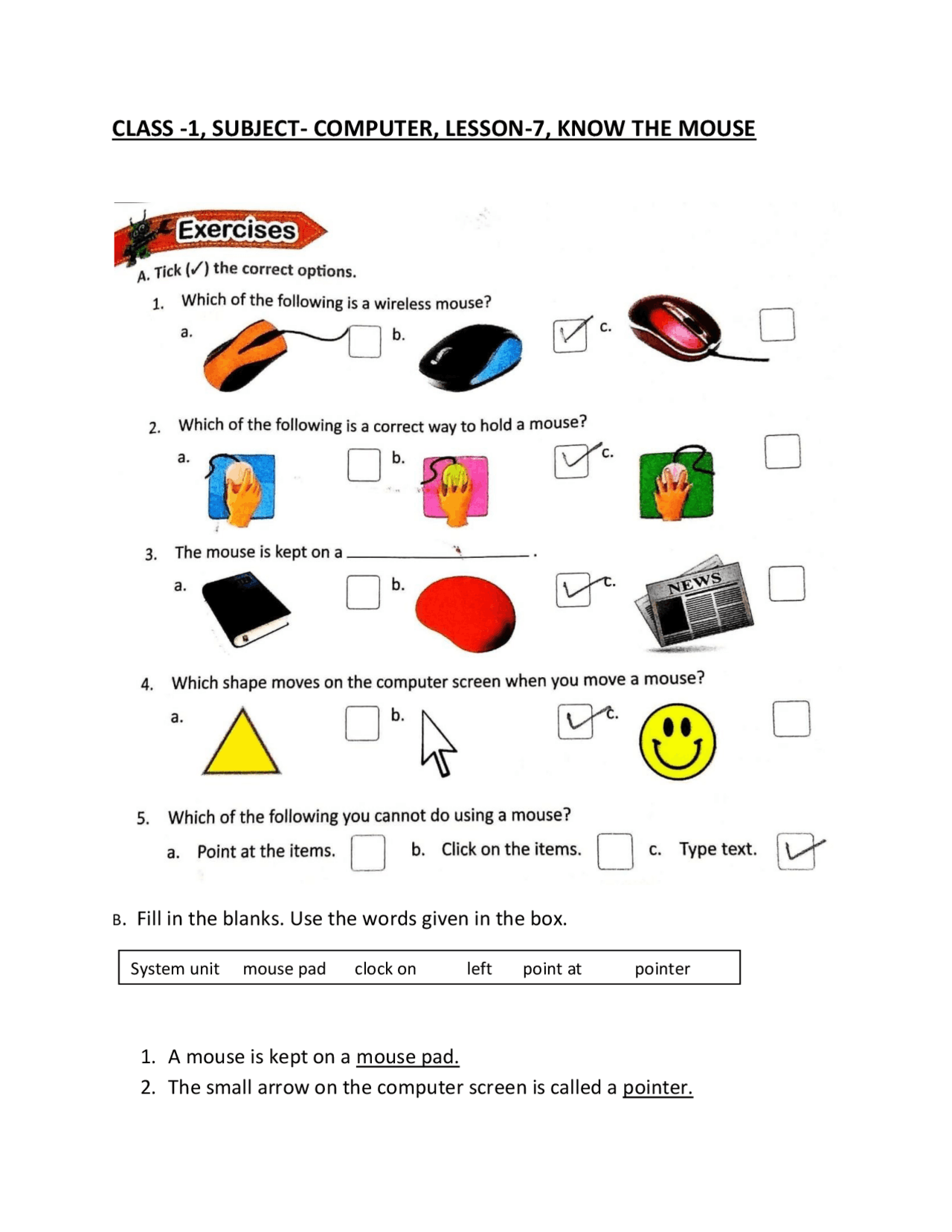 1, SUBJECT- COMPUTER, LESSON-7, KNOW THE MOUSE | Study notes Computer ...