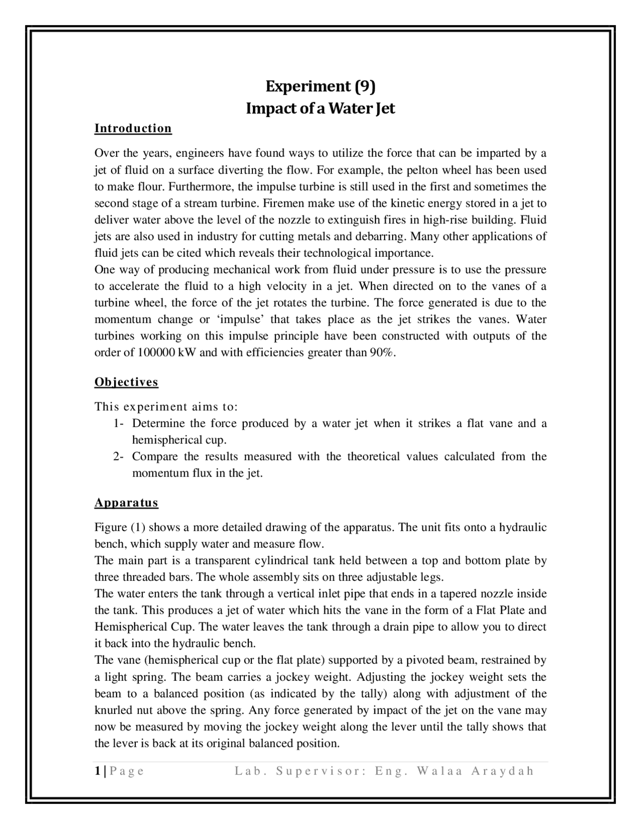 Experiment (9) Impact of a Water Jet | Schemes and Mind Maps ...