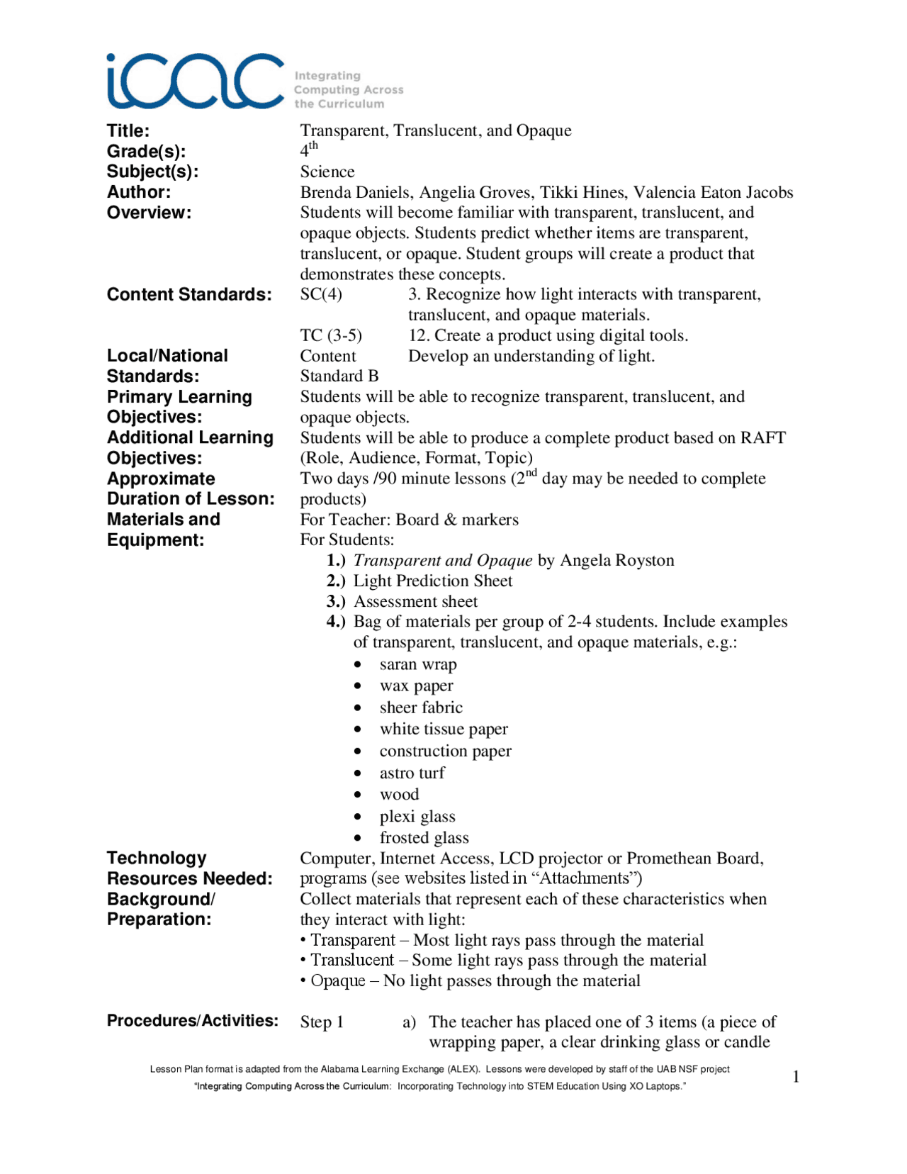 1 Title: Transparent, Translucent, and Opaque Grade(s): 4 ... | Lecture ...
