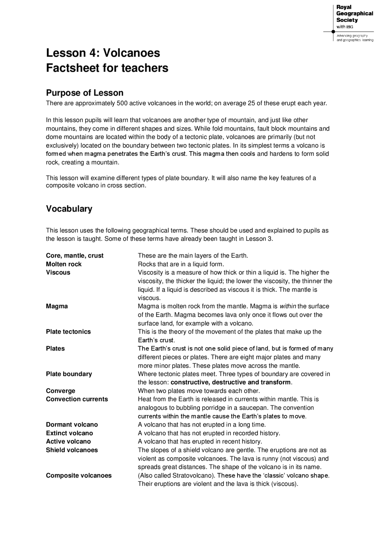 Lesson 4: Volcanoes Factsheet for teachers | Assignments History | Docsity