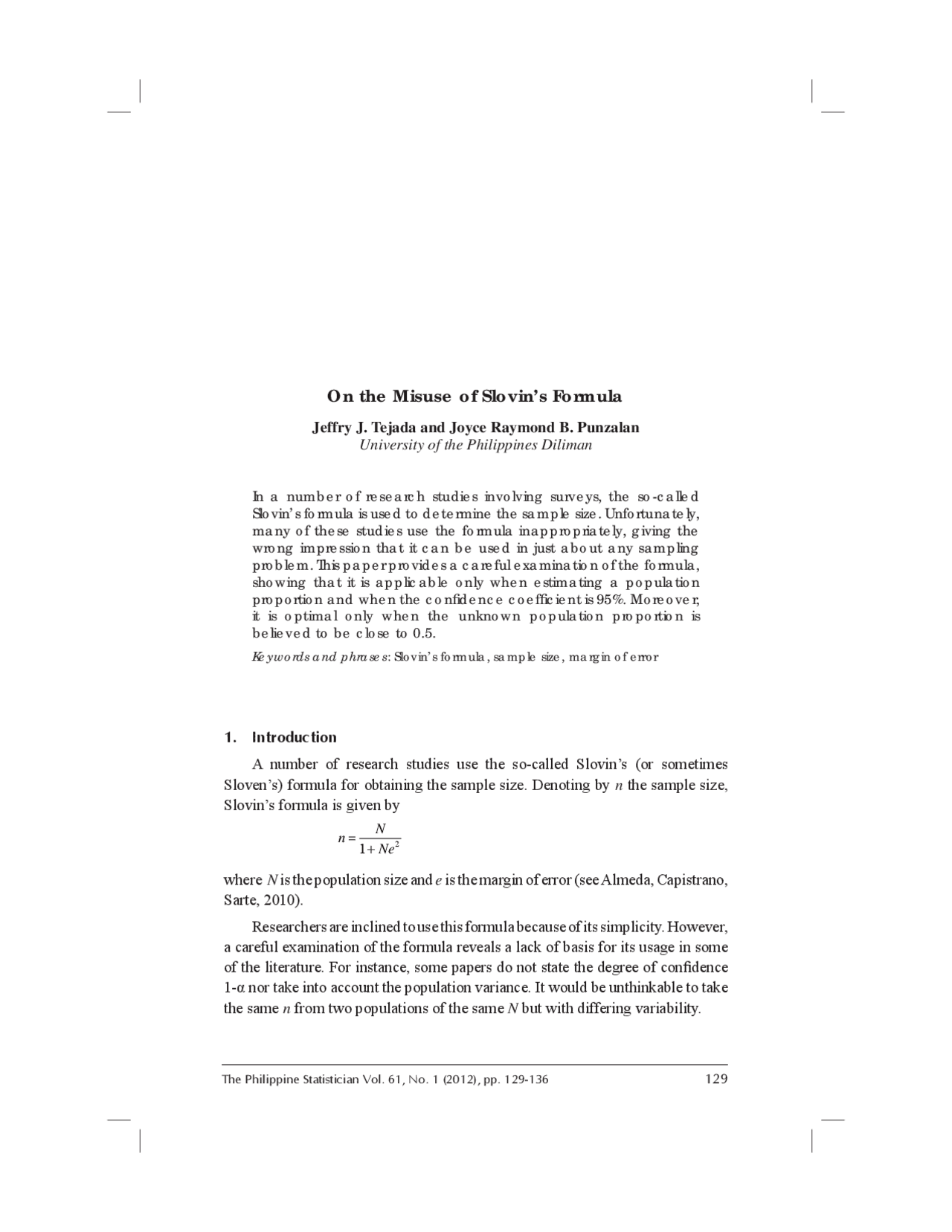 On the Misuse of Slovin's Formula | Exams Statistics | Docsity