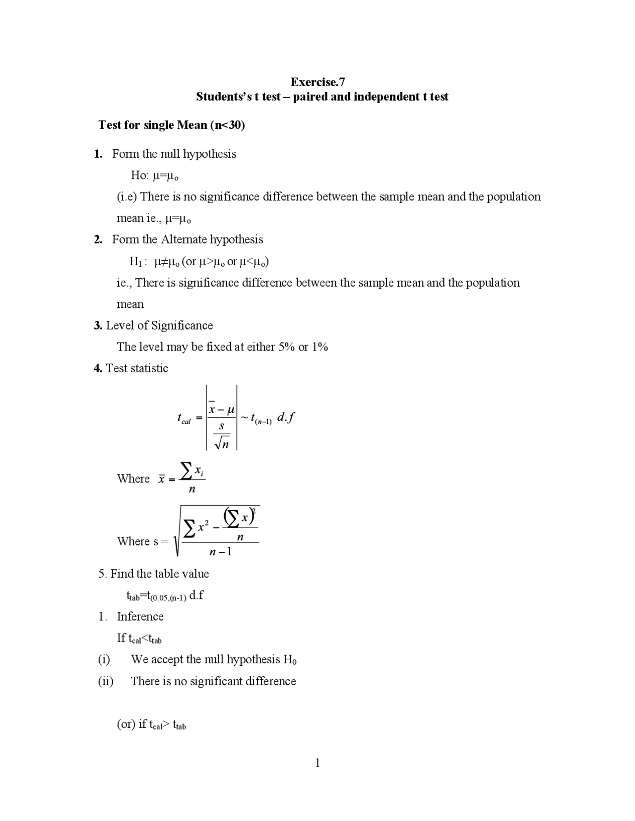 1 Exercise.7 Students's t test | Lecture notes Medicine | Docsity