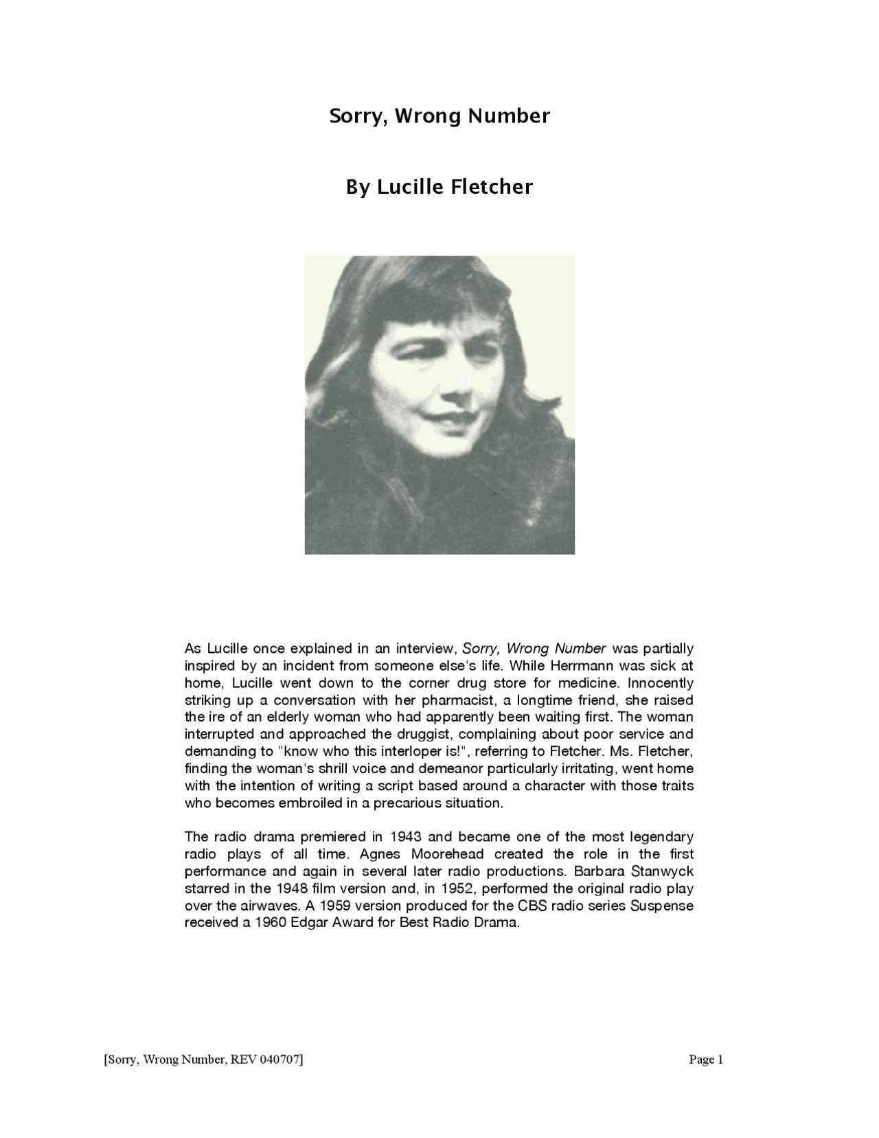 Sorry, Wrong Number: A Radio Play Script by Lucille Fletcher ...
