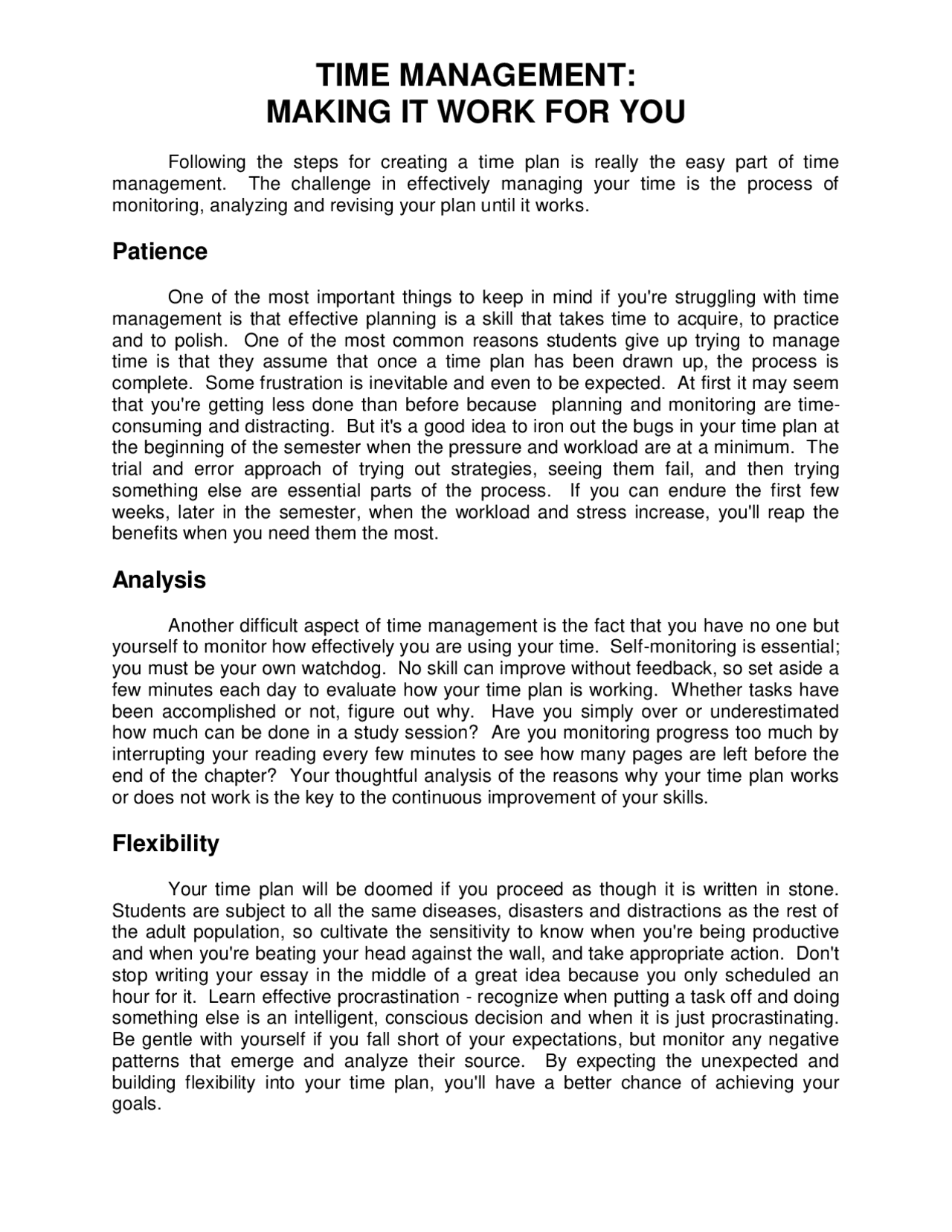 Time management: making it work for you | Exercises Psychology | Docsity