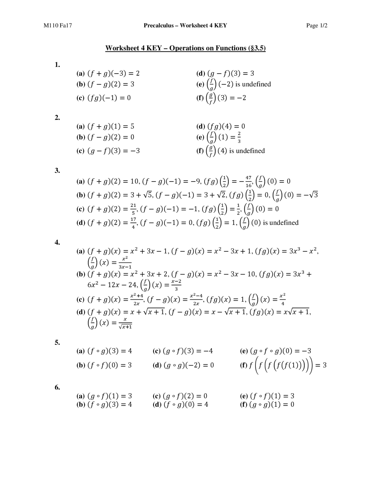 Worksheet 4 KEY – Operations on Functions (§3.5) 1. (a ... | Study ...