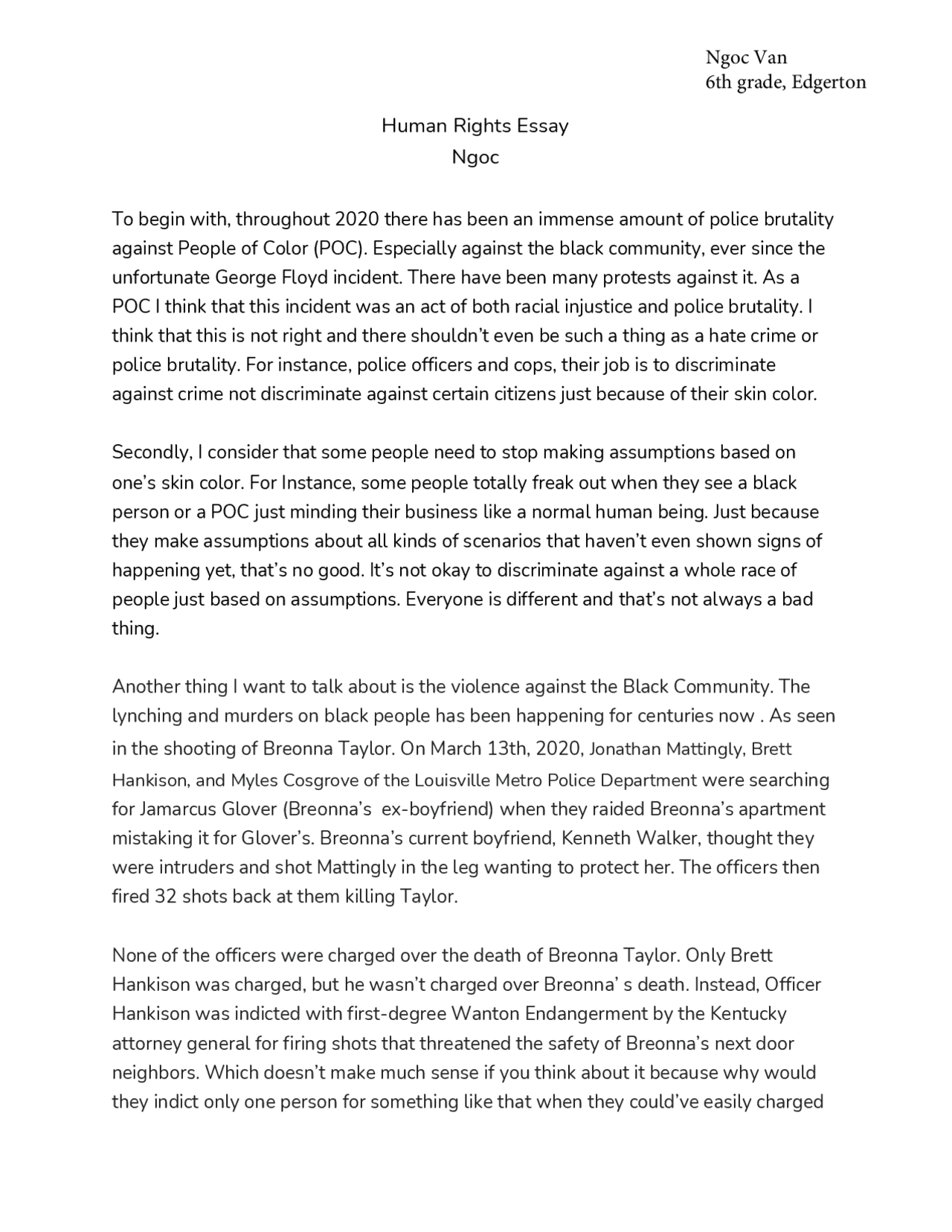 Human Rights Essay Ngoc Ngoc Van 6th grade, Edgerton | Study notes ...