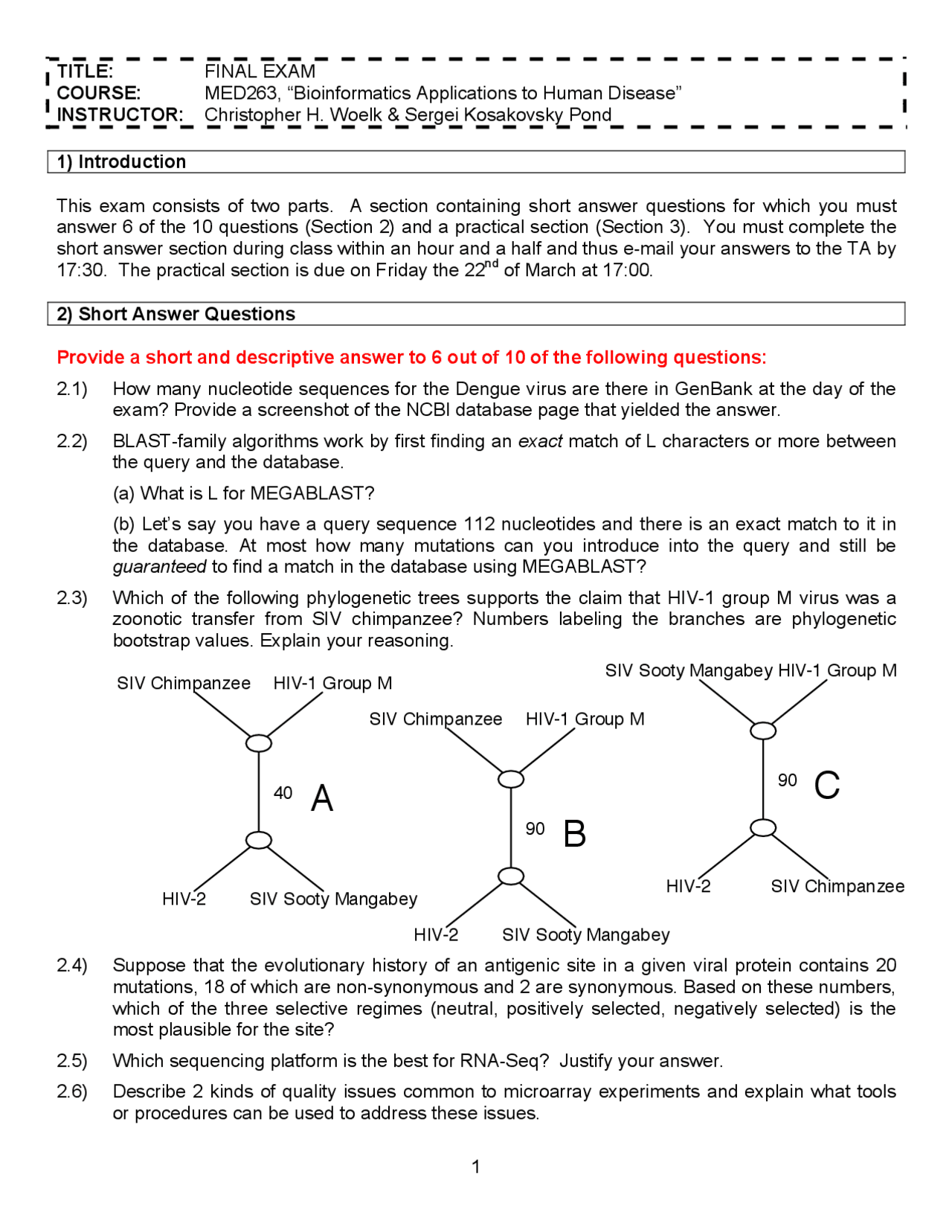 1 Title Final Exam Course Med263 Bioinformatics Slides