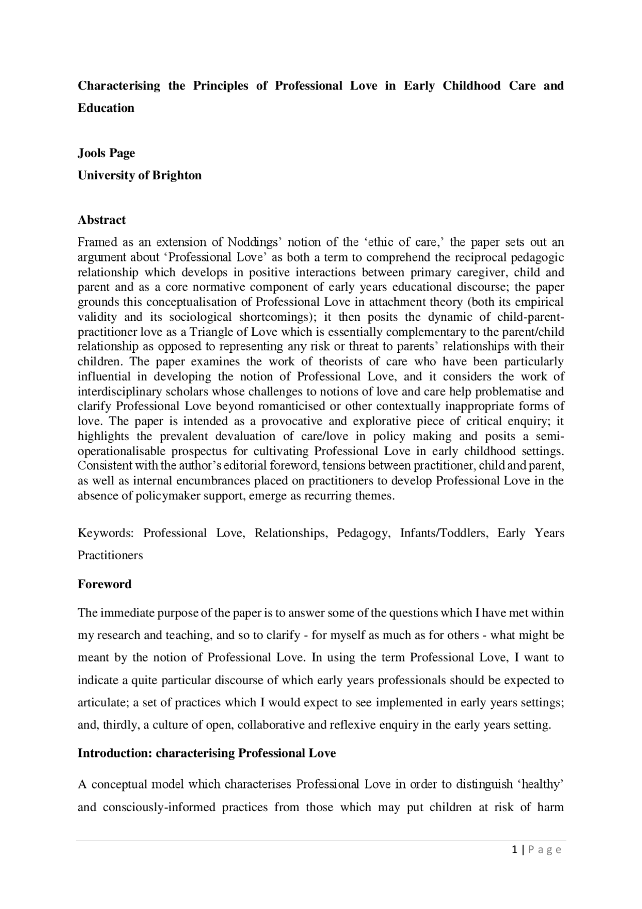 Characterising the Principles of Professional Love in Early ...