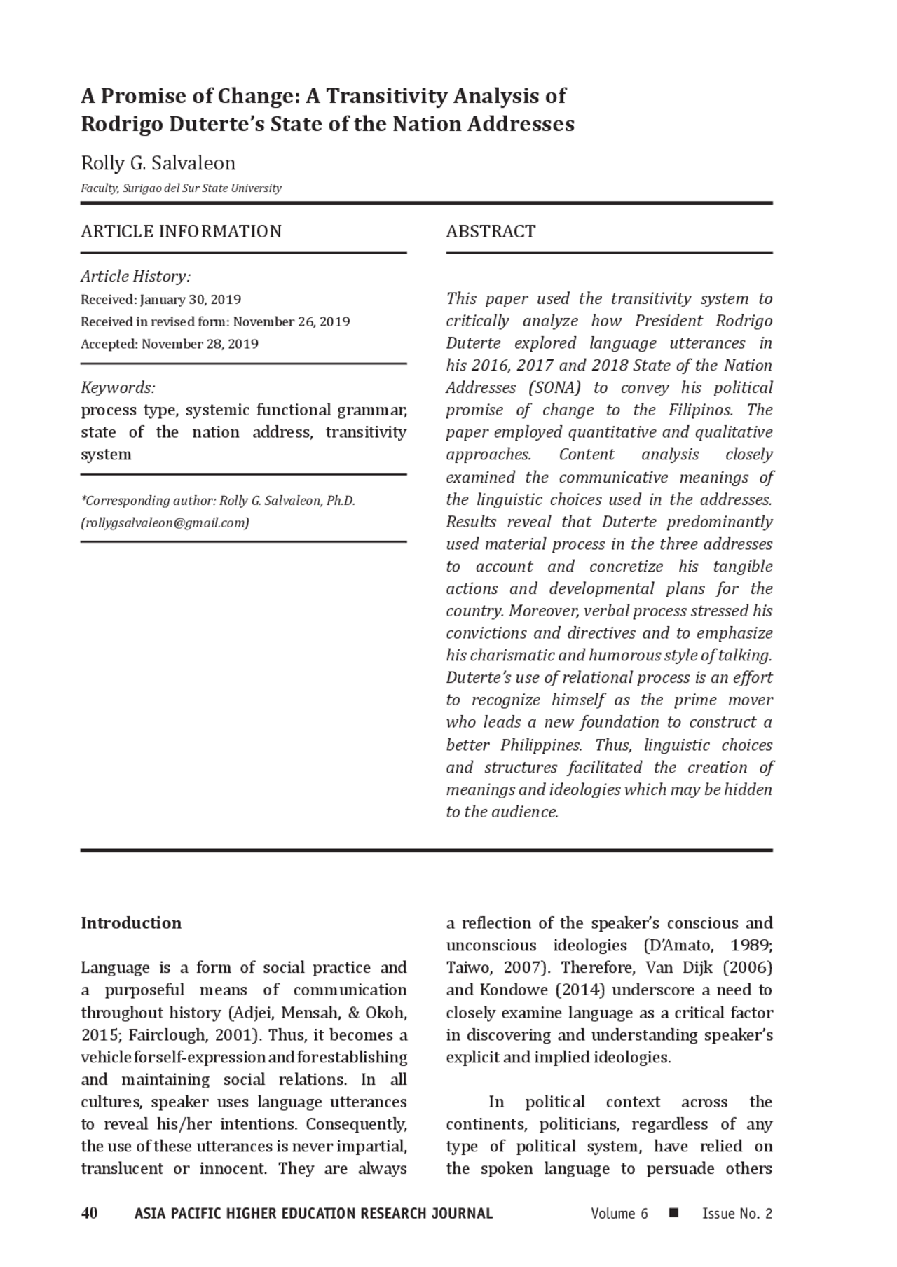 A Transitivity Analysis of Rodrigo Duterte's State of the Nation ...