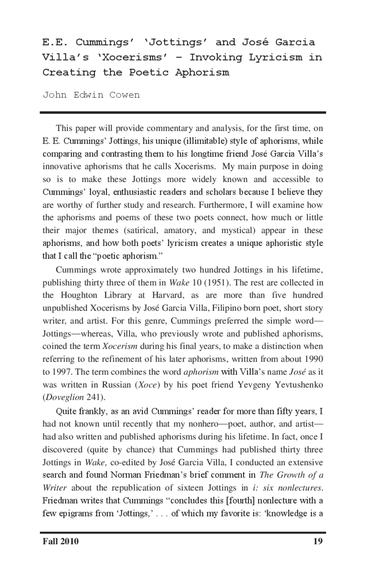 Comparing E.E. Cummings and José Garcia Villa's Aphorisms | Lecture ...