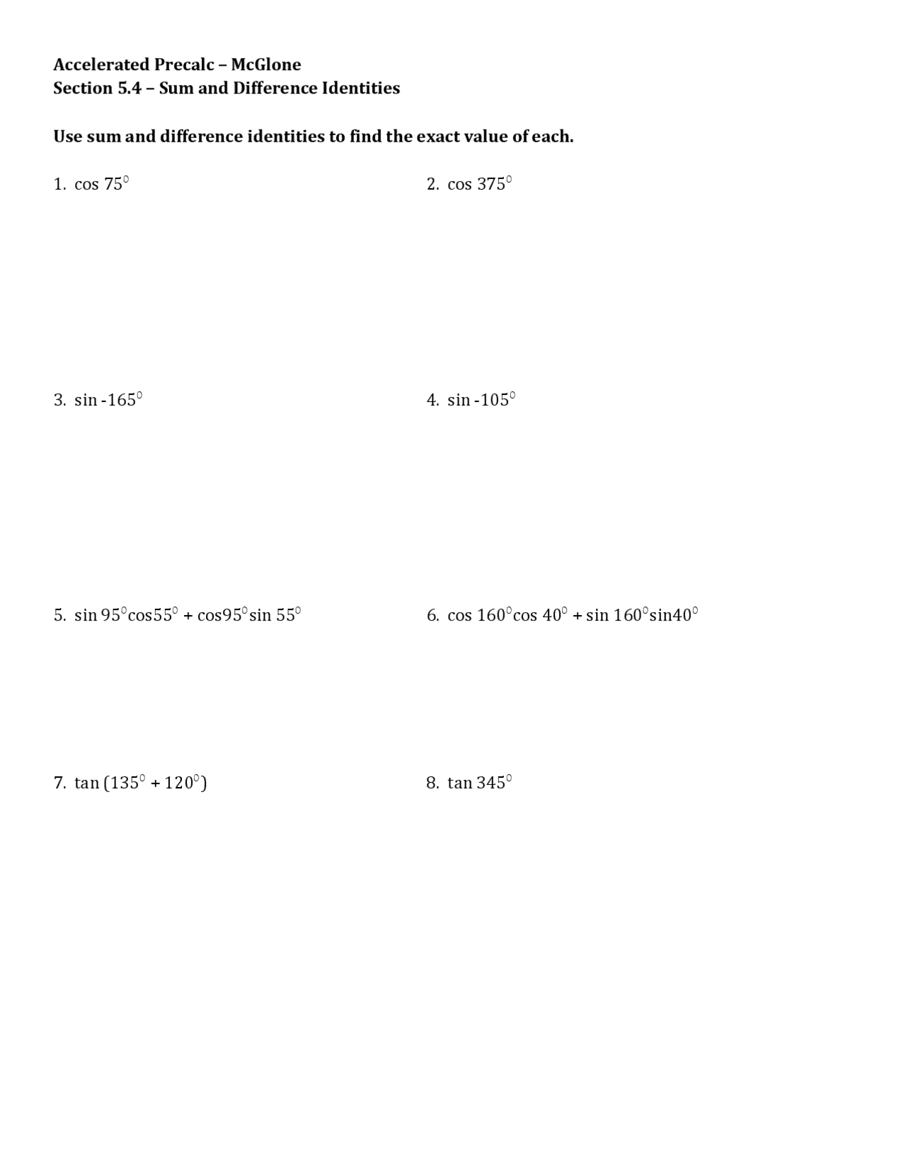 Accelerated Precalculus: Sum and Difference Identities | Summaries Pre-Calculus | Docsity