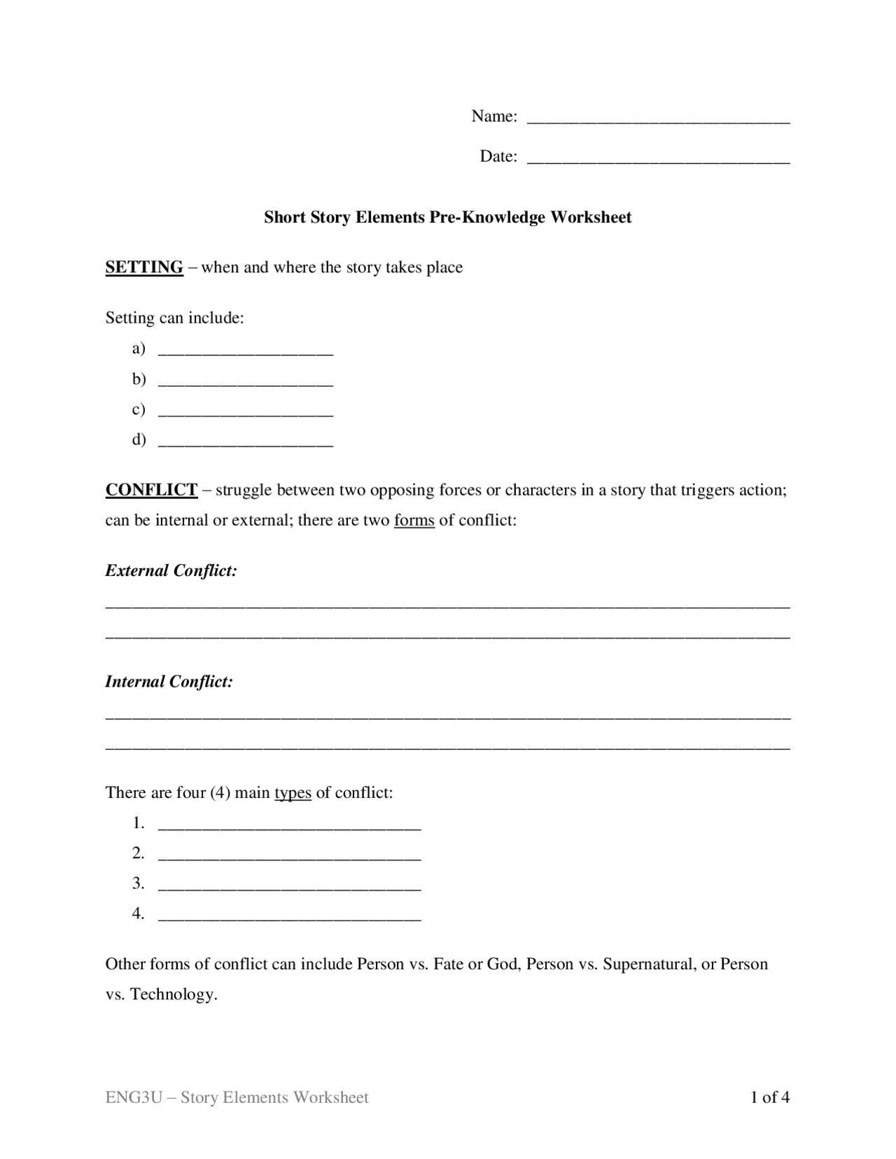 ENG3U – Story Elements Worksheet 1 of 4 Name | Lecture notes History of ...