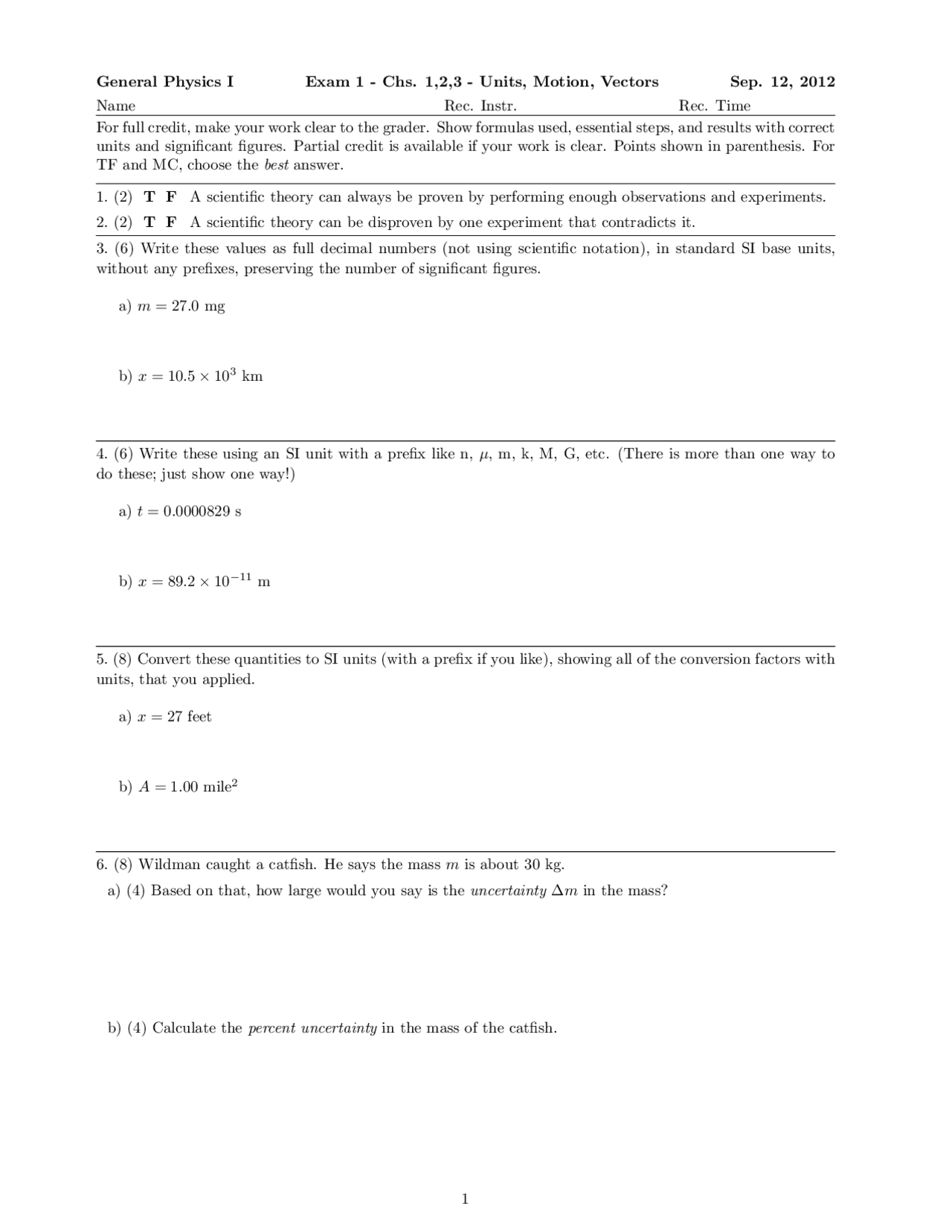 General Physics I Exam 1 - Chs. 1,2,3 | Exams Physics | Docsity