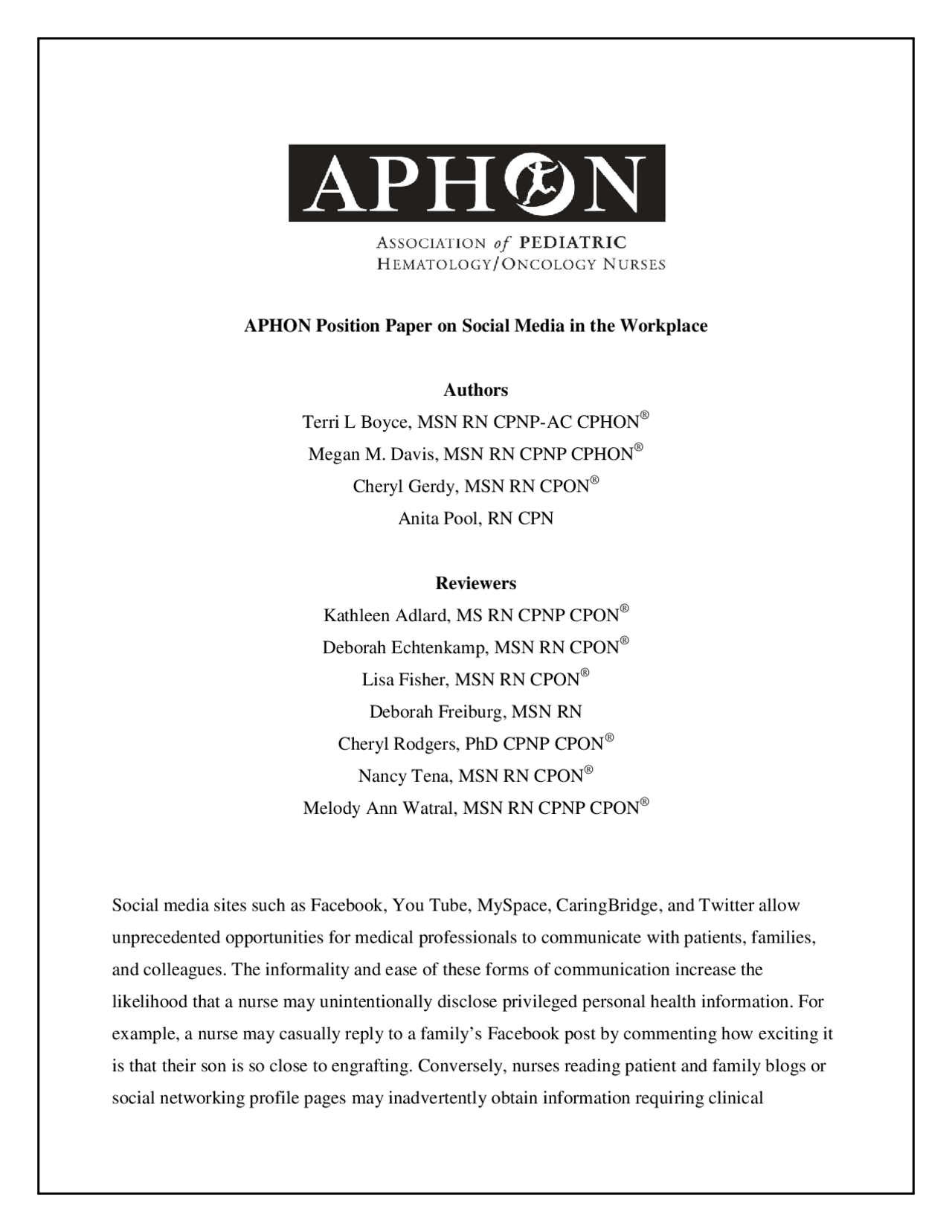 APHON Position Paper on Social Media in the Workplace | Study notes ...