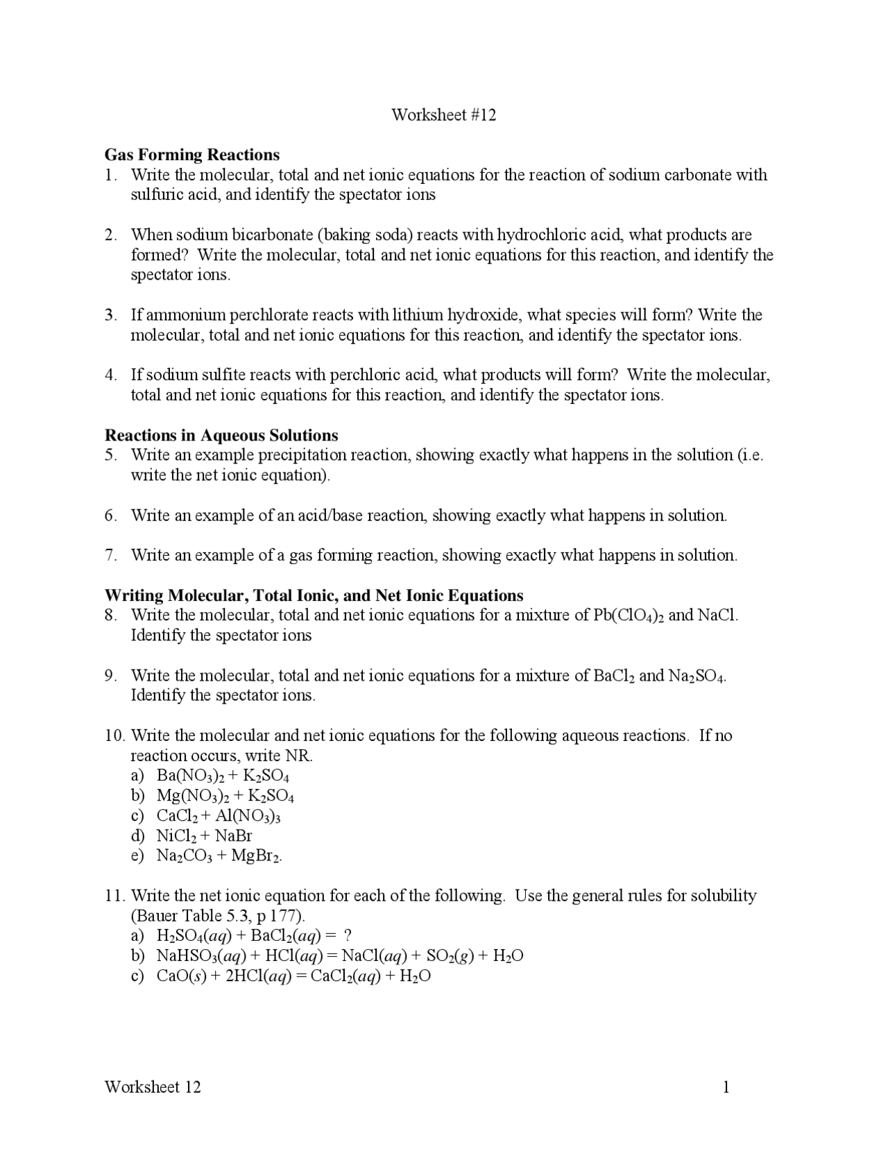 Worksheet 12 1 Worksheet #12 Gas Forming Reactions 1 ... | Assignments ...