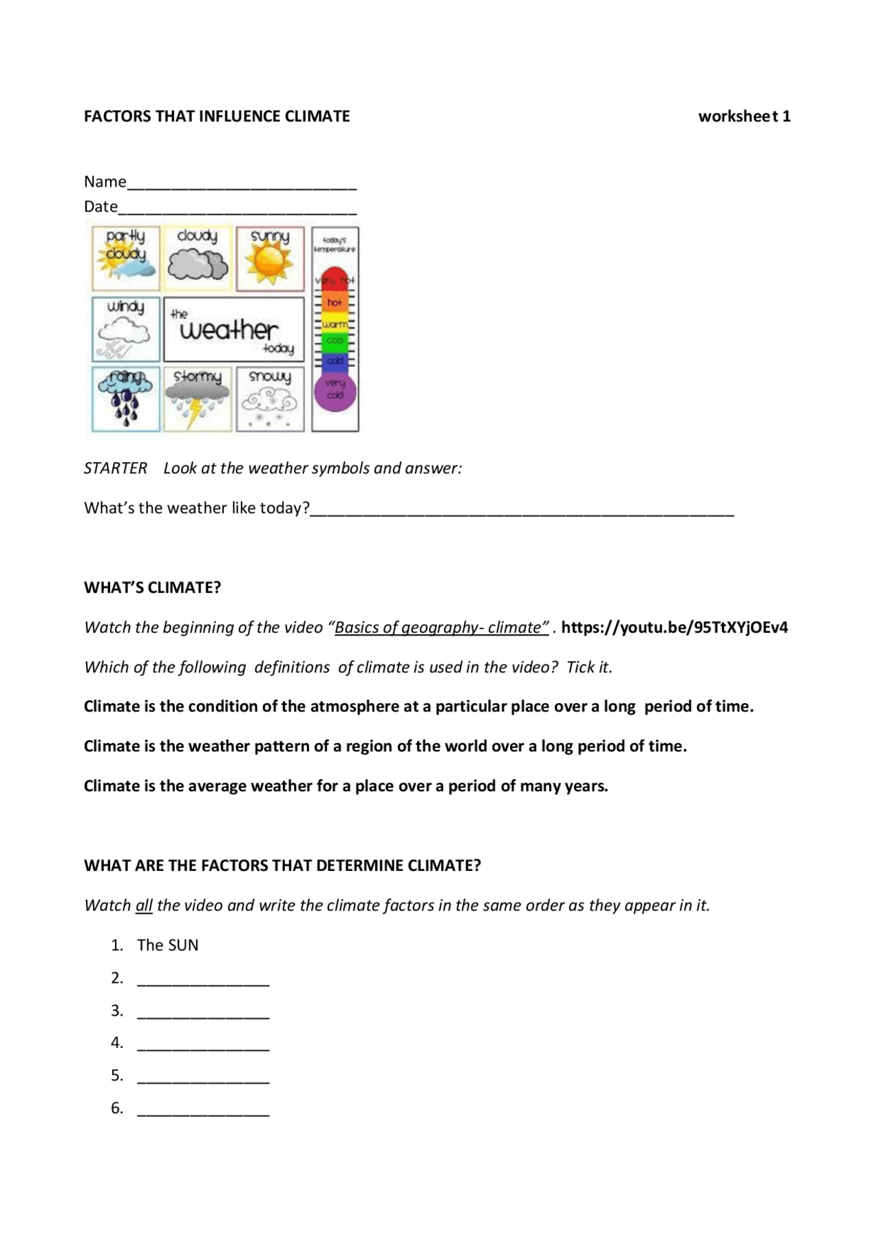 FACTORS THAT INFLUENCE CLIMATE worksheet 1 ... | Study Guides, Projects ...