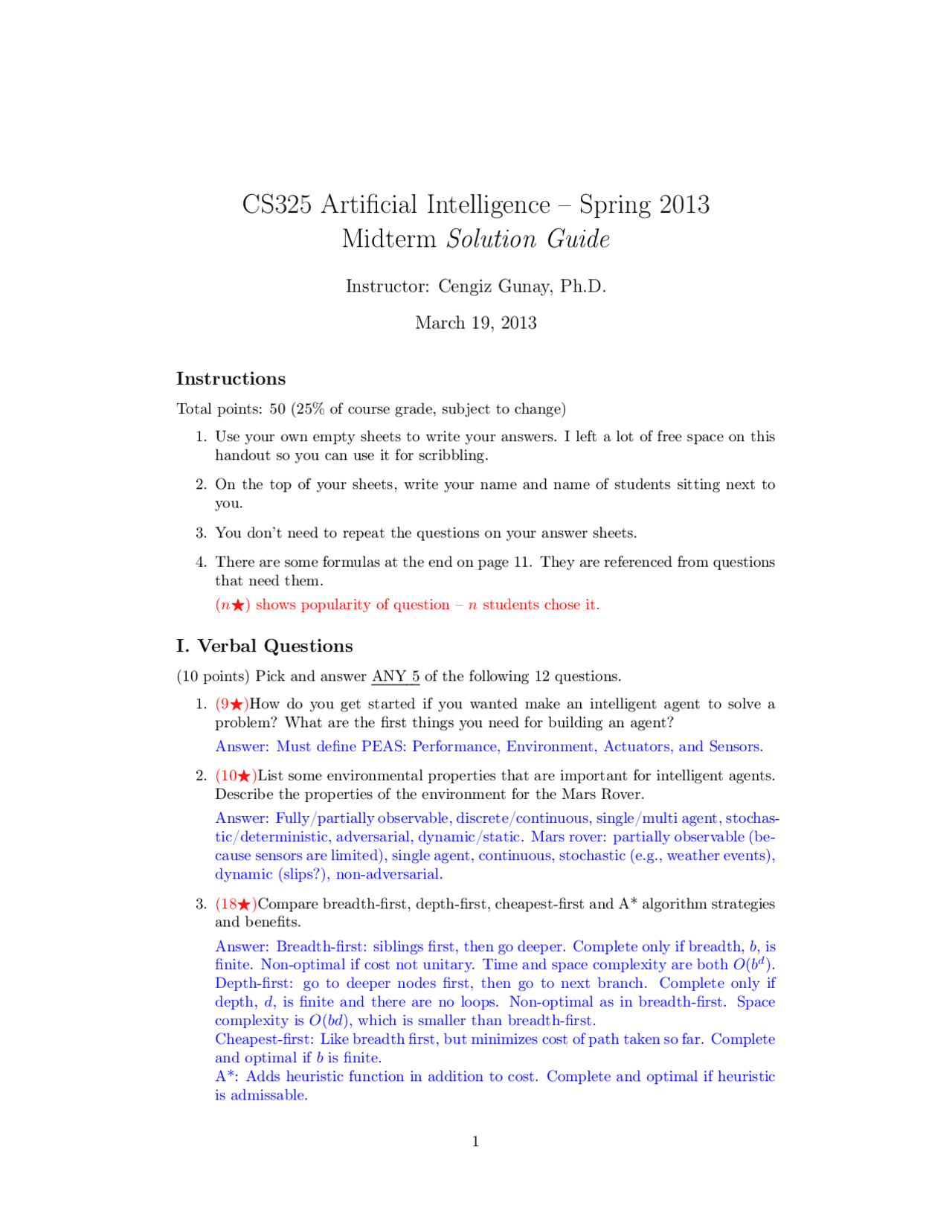 Cs325 Artificial Intelligence Spring 2013 Midterm Solution