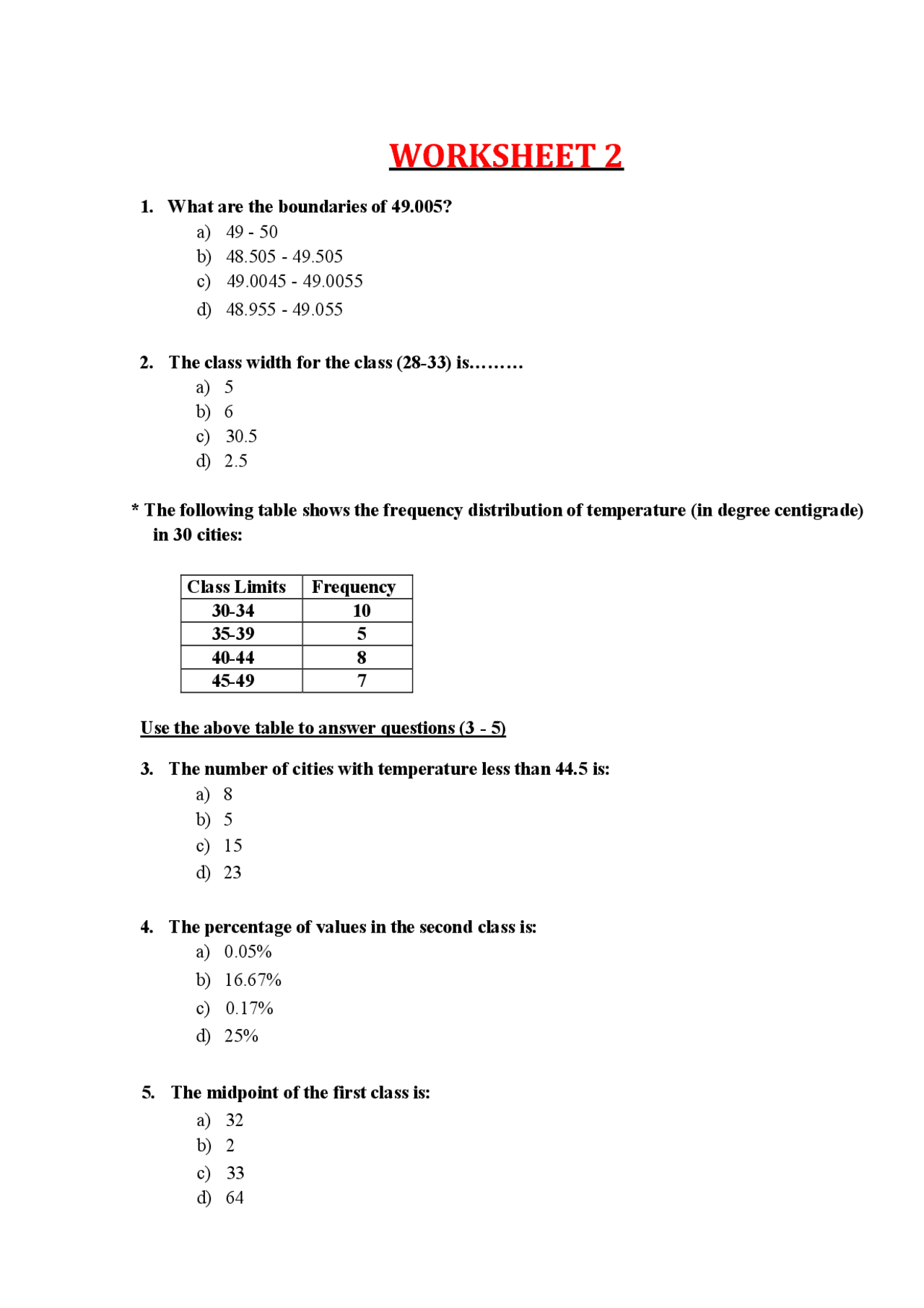 Worksheet 2 Slides Statistics Docsity