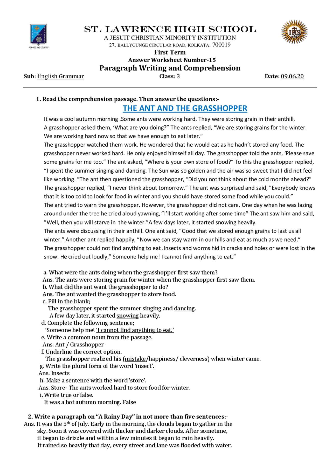 The Ant and the Grasshopper | Exercises English Literature | Docsity