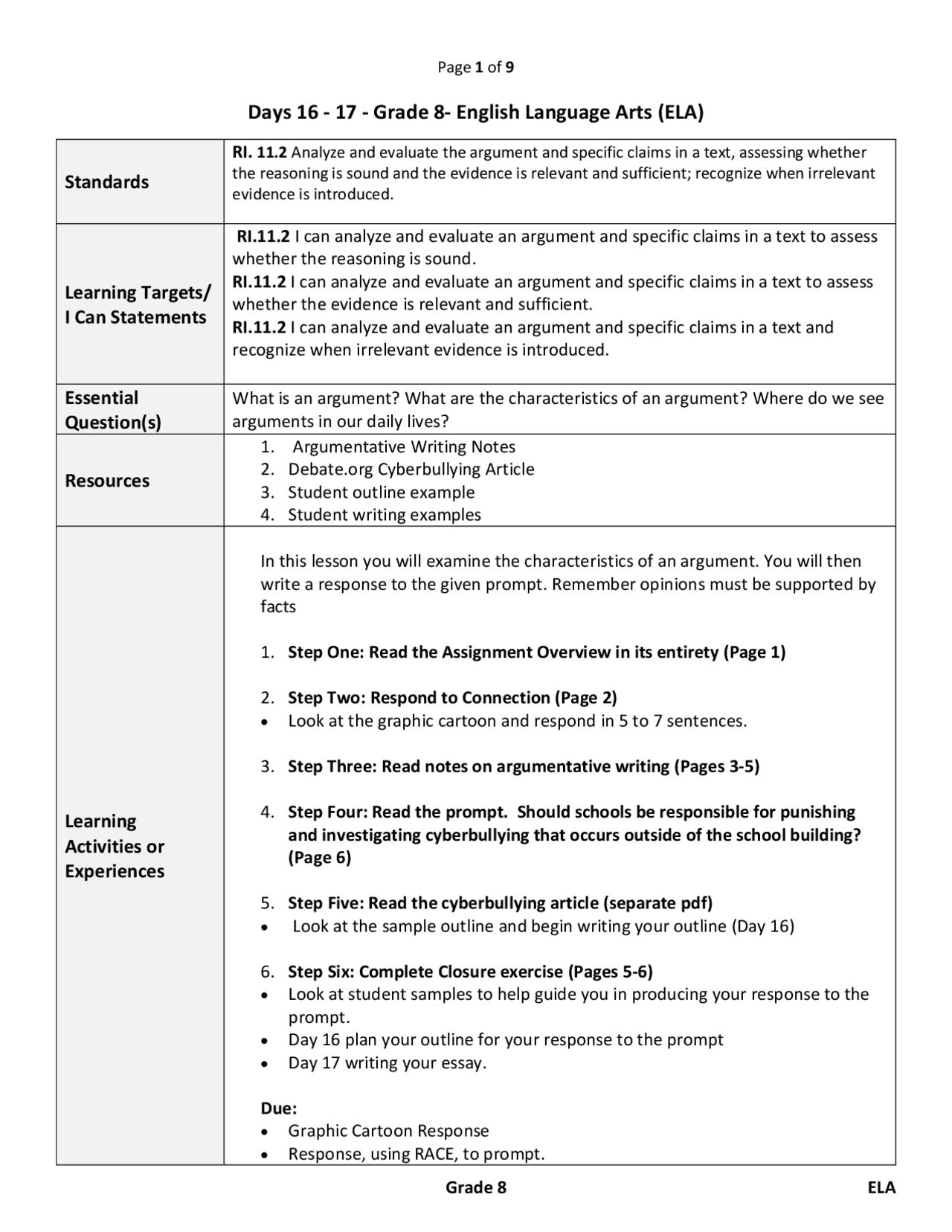 Understanding Arguments and Cyberbullying: A Grade 8 ELA Perspective ...