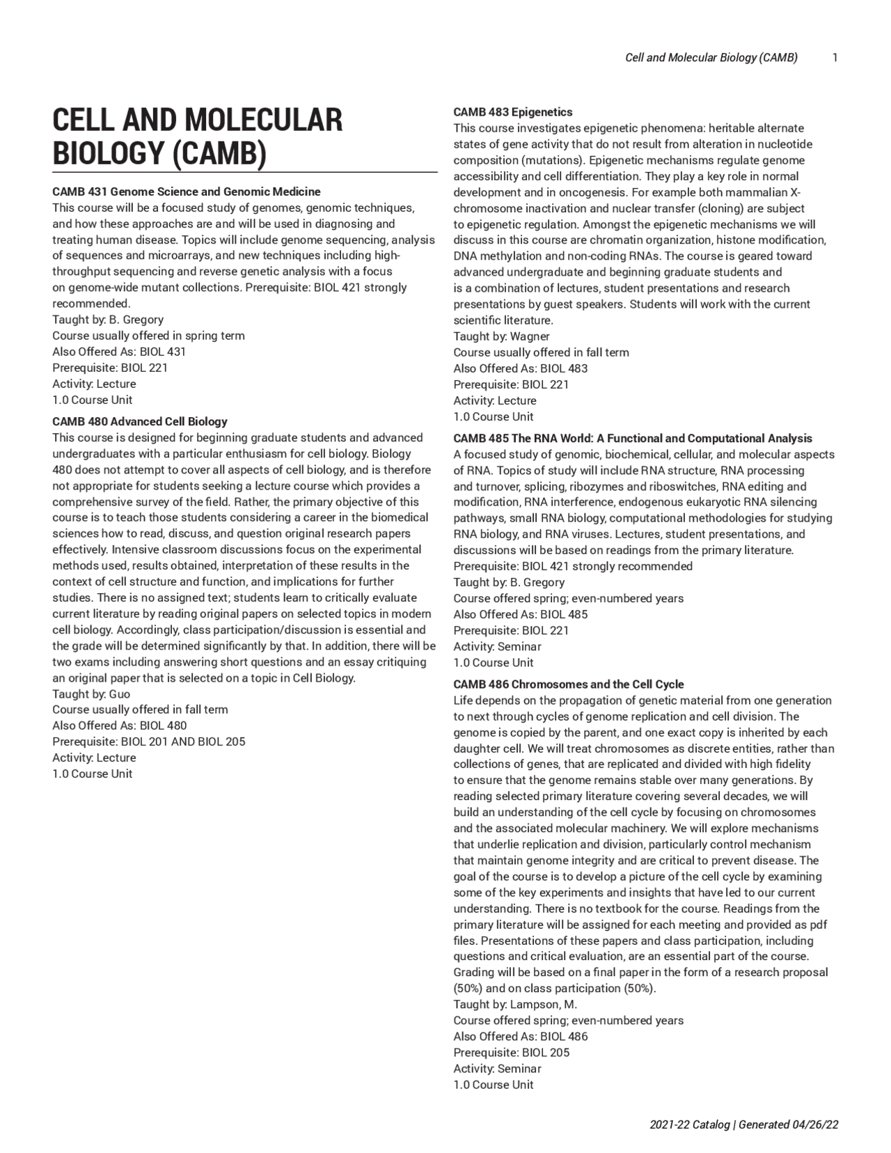 Cell and Molecular Biology (CAMB) | Exams Molecular biology | Docsity
