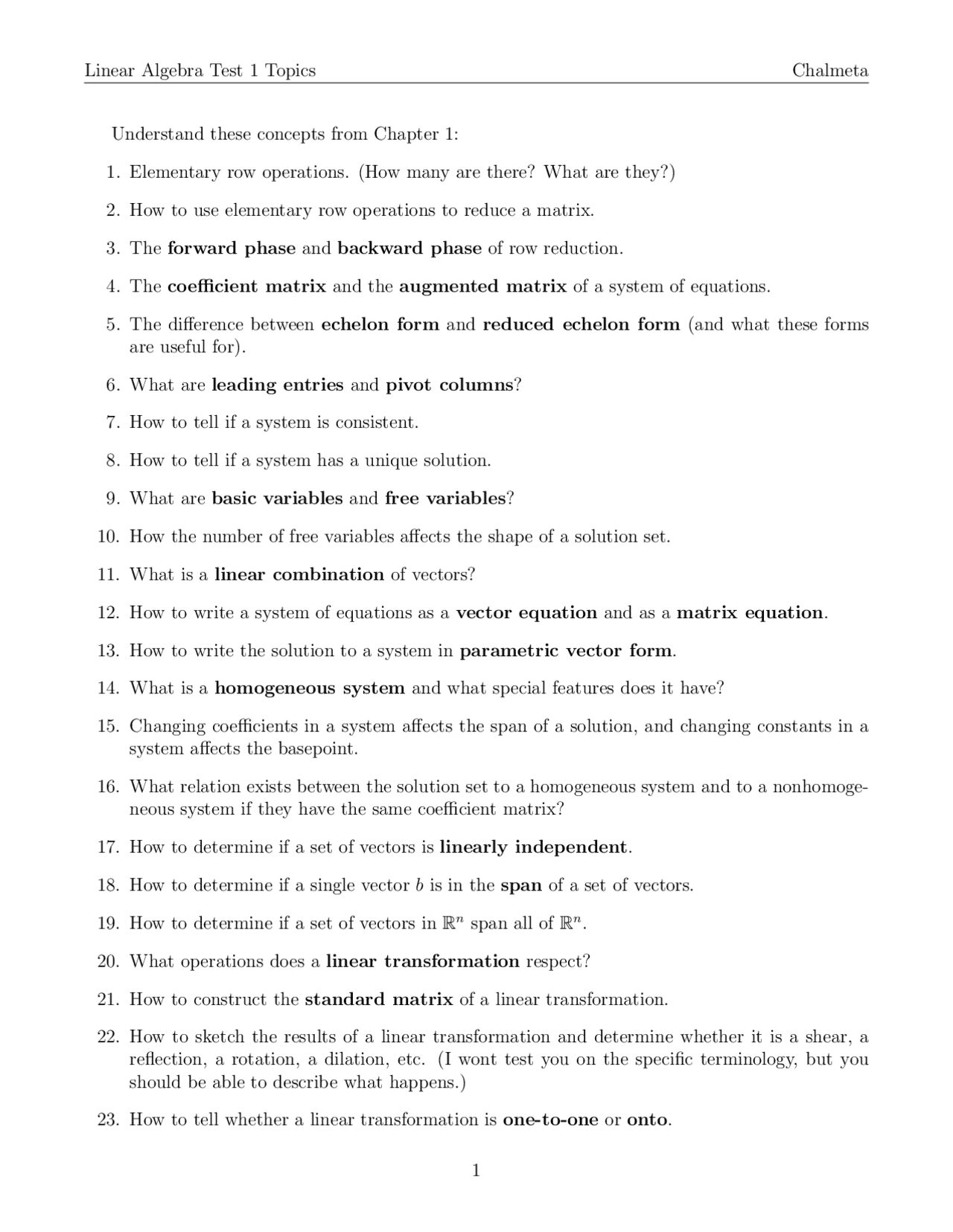 Linear Algebra Test 1 Topics Chalmeta Understand These Slides