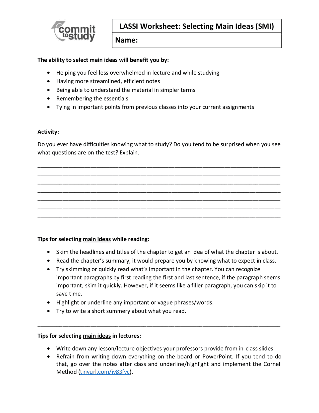 LASSI Worksheet: Selecting Main Ideas (SMI) Name: | Study Guides ...