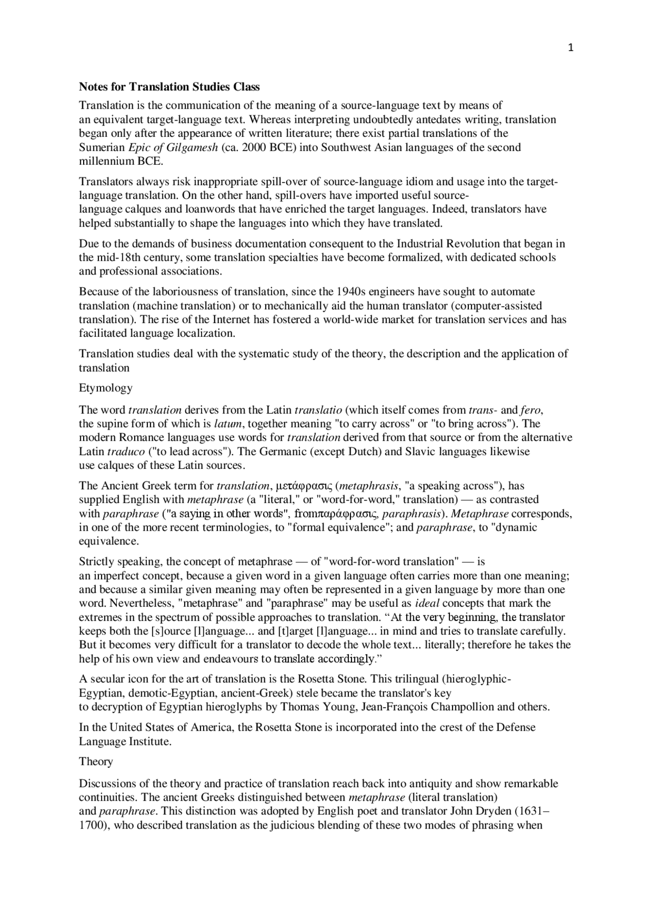 Notes for Translation Studies Class | Lecture notes Communication | Docsity