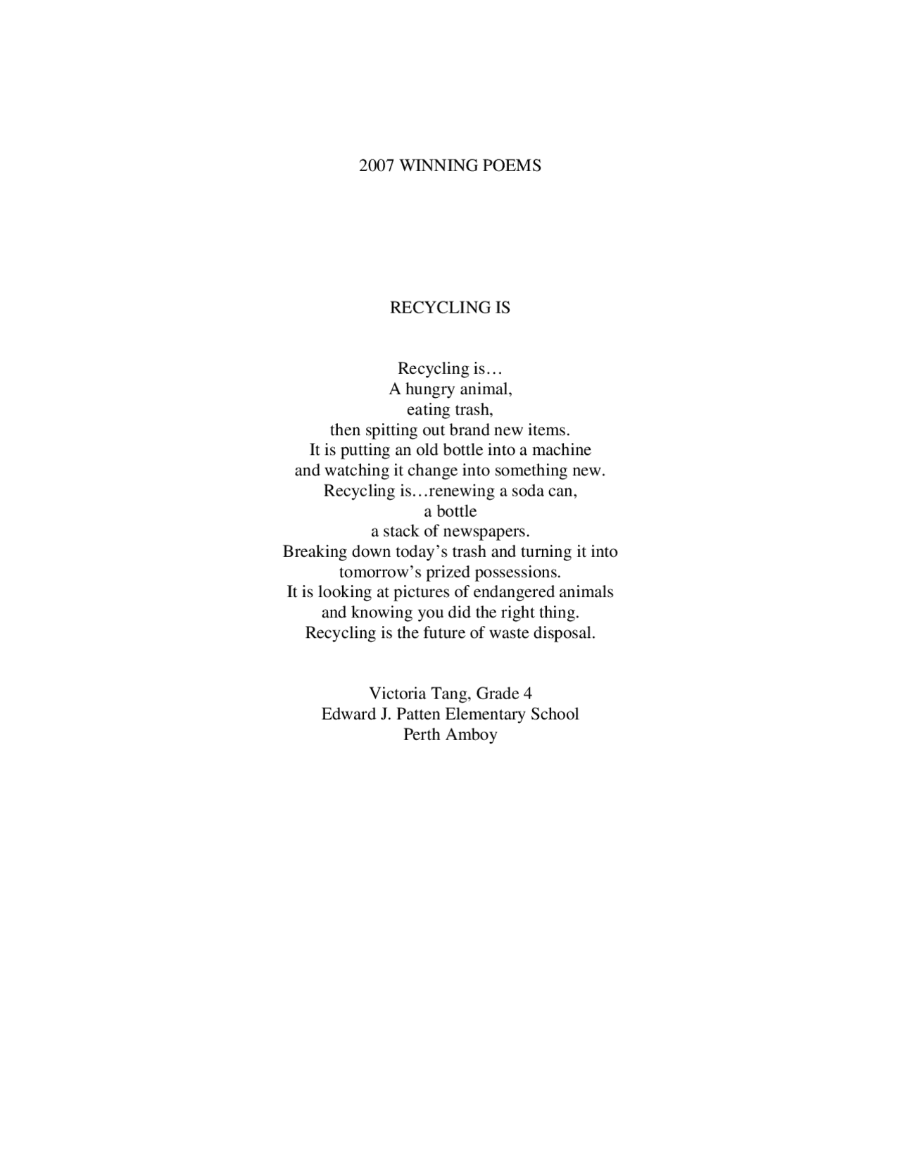 2007 WINNING POEMS RECYCLING IS Recycling is ... | Study notes Waste ...