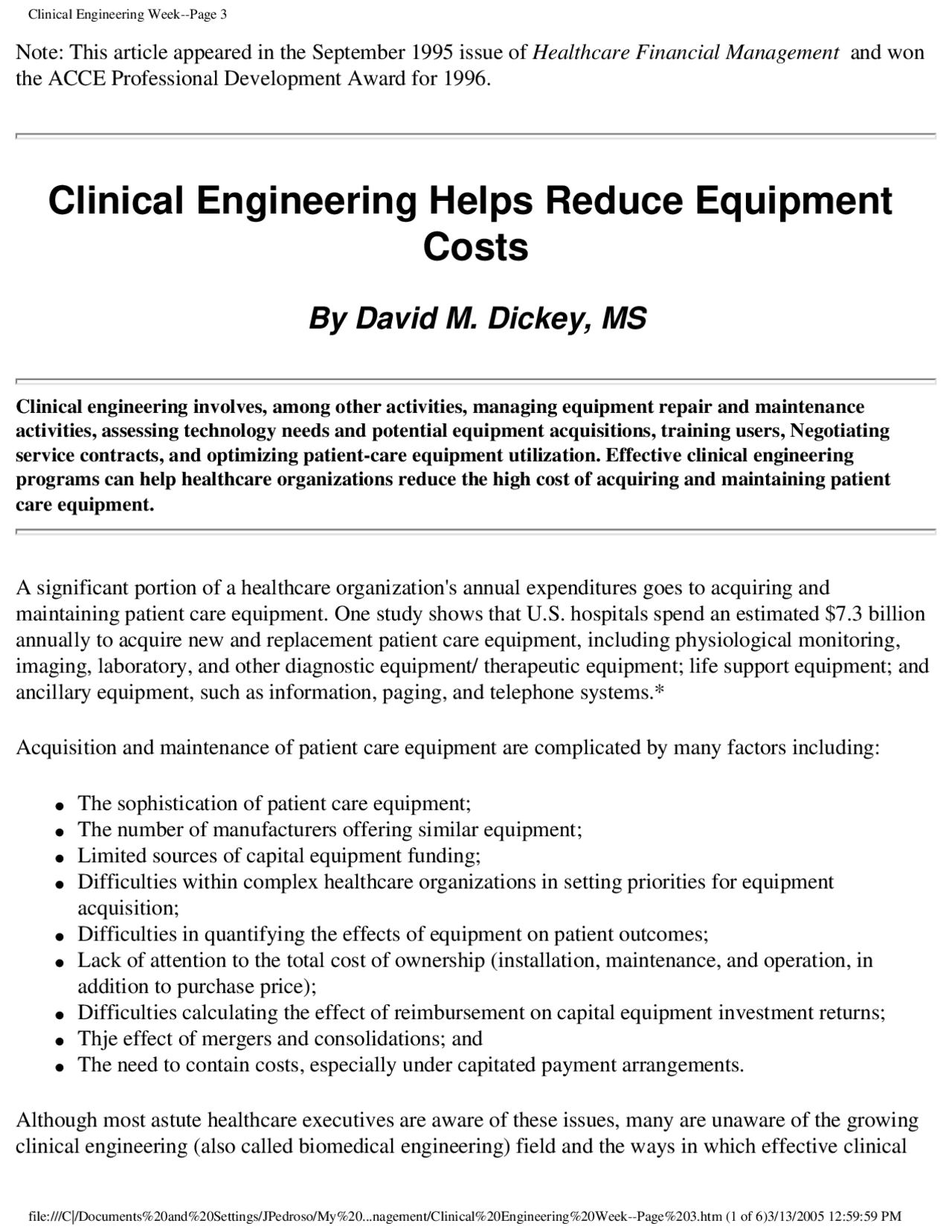 Clinical Engineering Helps Reduce Equipment Costs Summaries Engineering Docsity