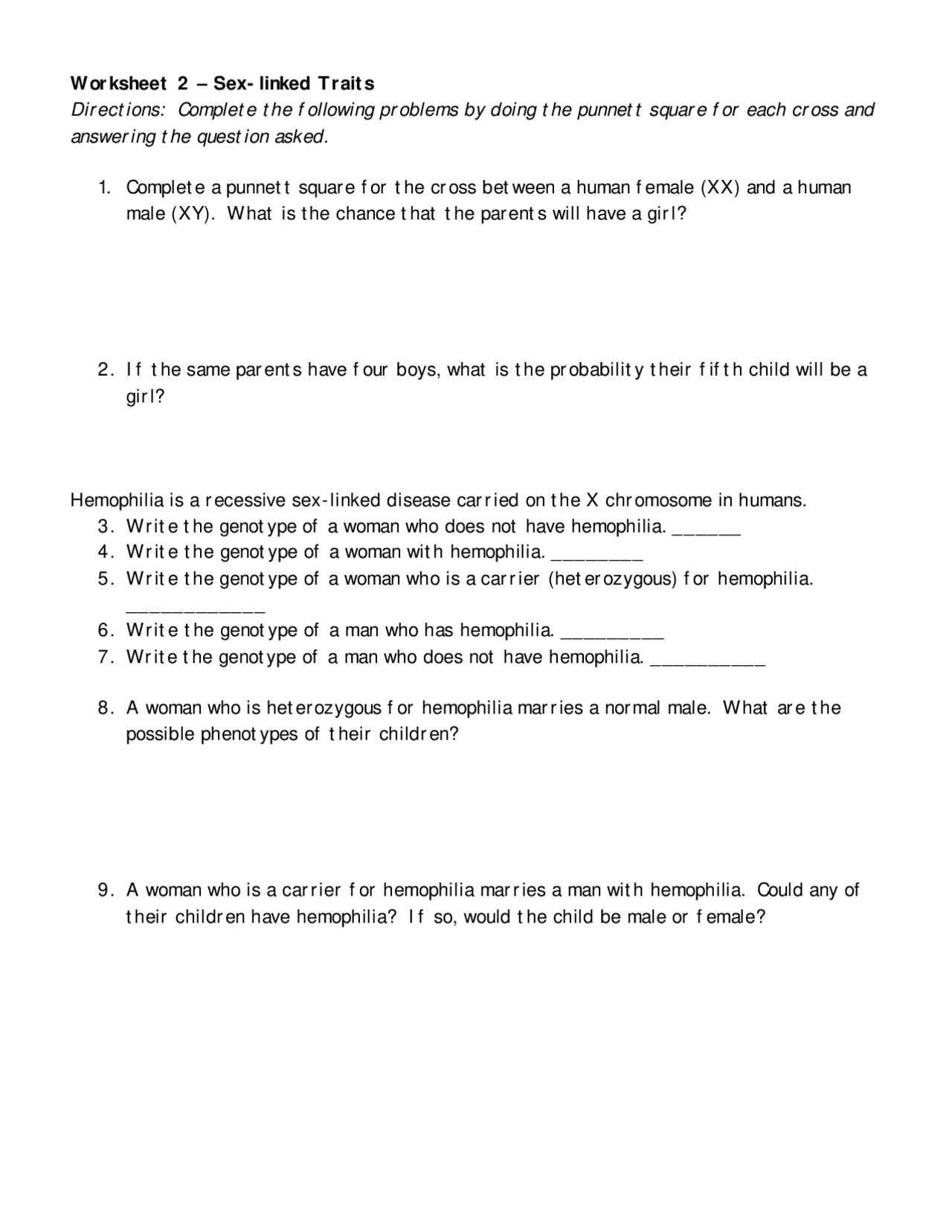 Worksheet 2 – Sex-linked Traits Directions | Exams Genetics | Docsity