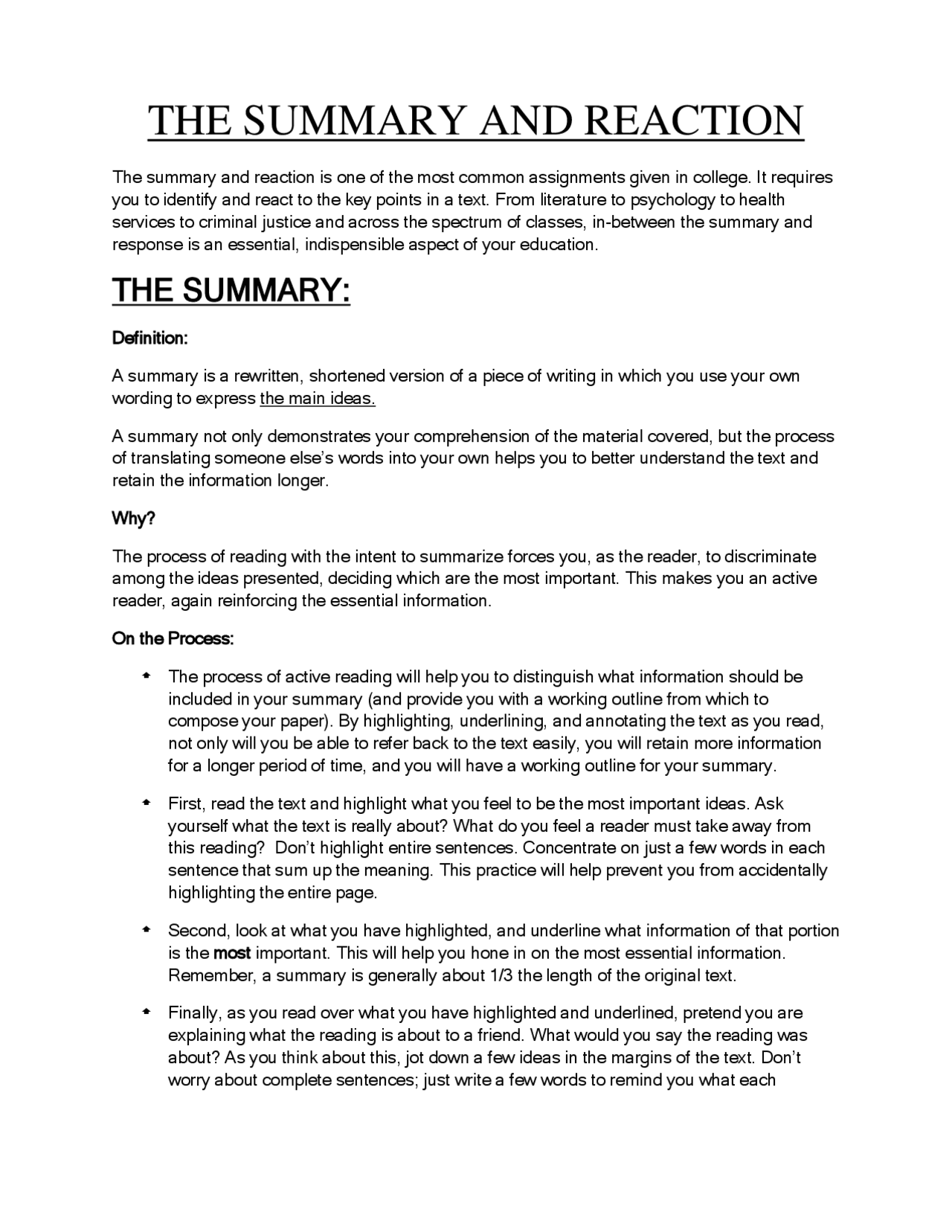 The Summary And Reaction Assignments Literature Docsity