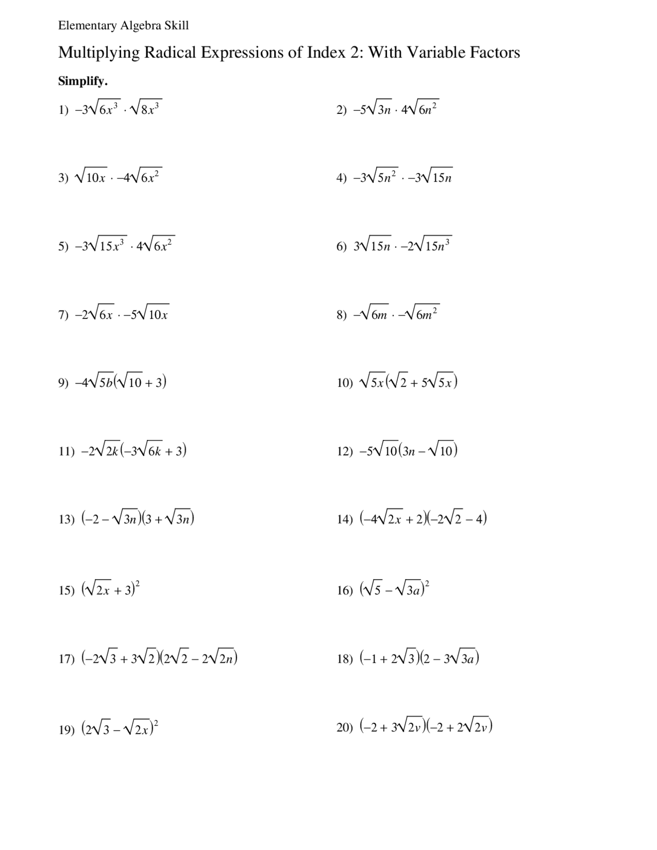 Multiplying Radical Expressions of Index 2: With Variable ... | Study ...