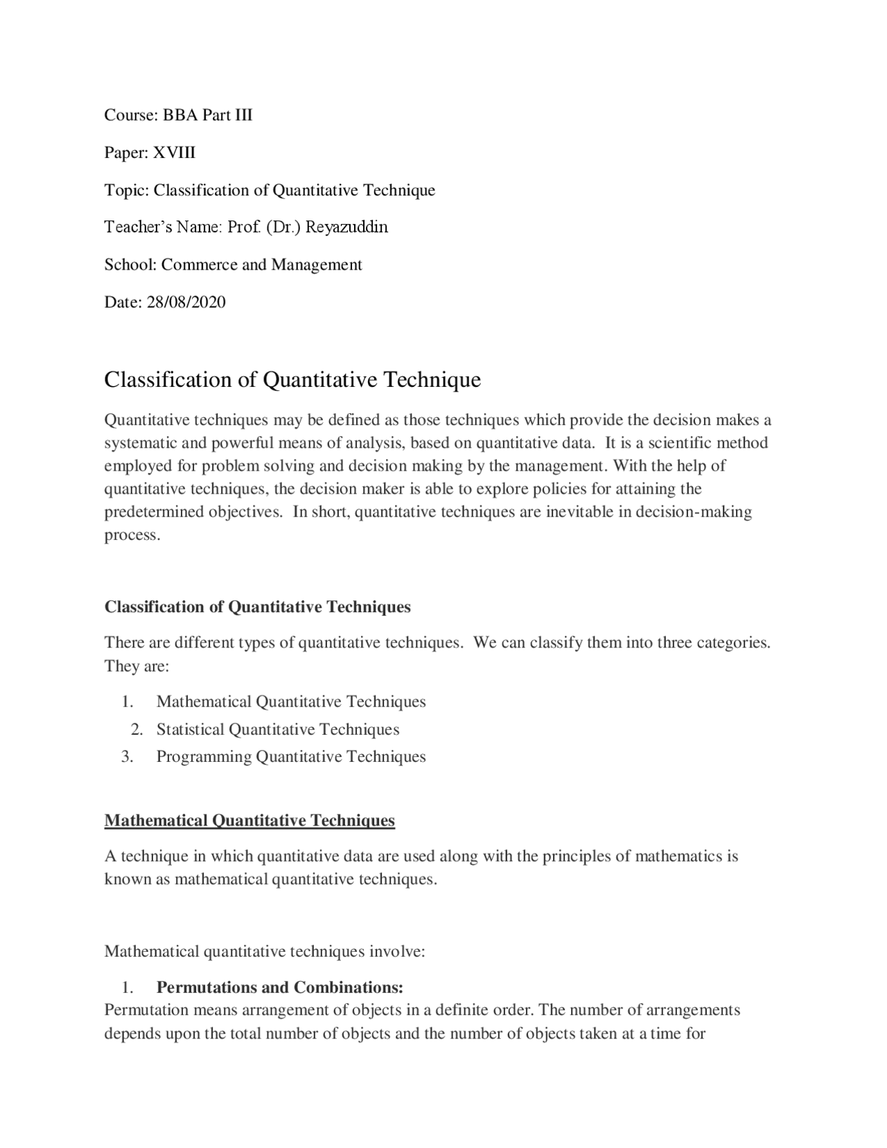 Classification Of Quantitative Technique Lecture Notes Quantitative