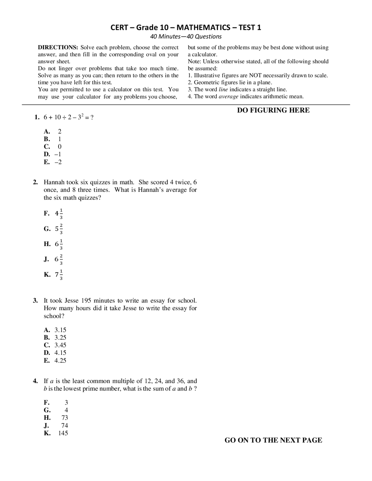 CERT – Grade 10 – MATHEMATICS – TEST 1 | Summaries Mathematics | Docsity