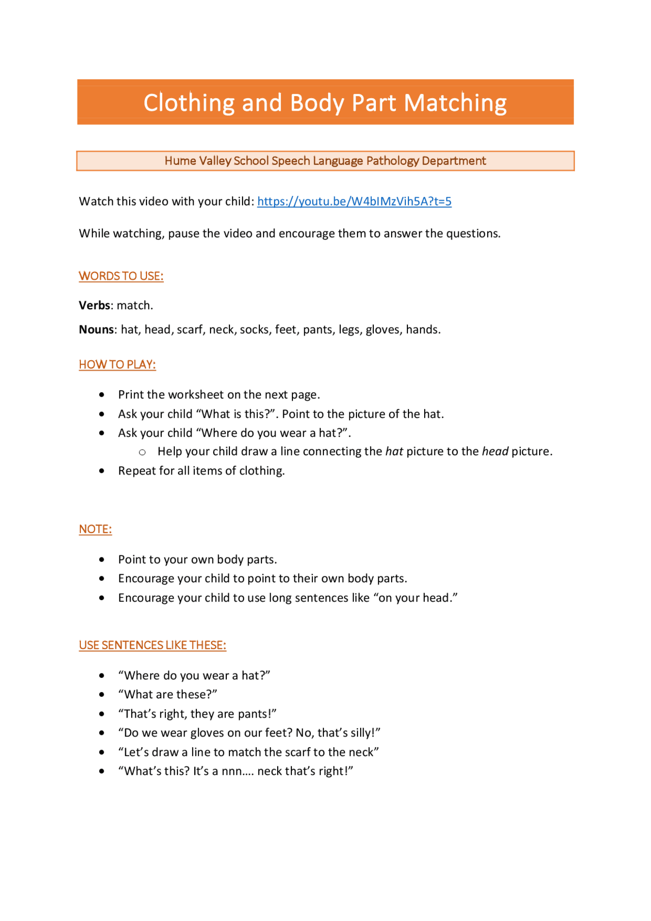Clothing and Body Part Matching Activity for Children | Study notes ...