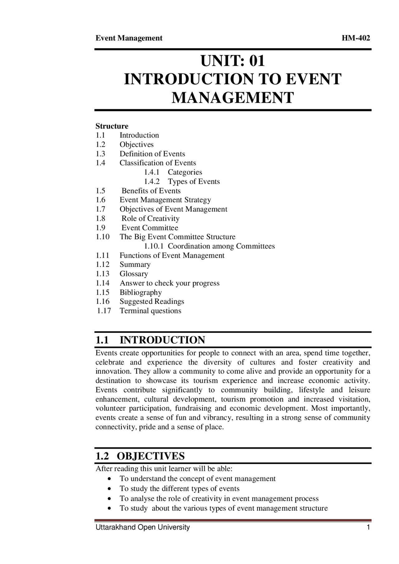 UNIT: 01 INTRODUCTION TO EVENT MANAGEMENT | Exercises Marketing | Docsity