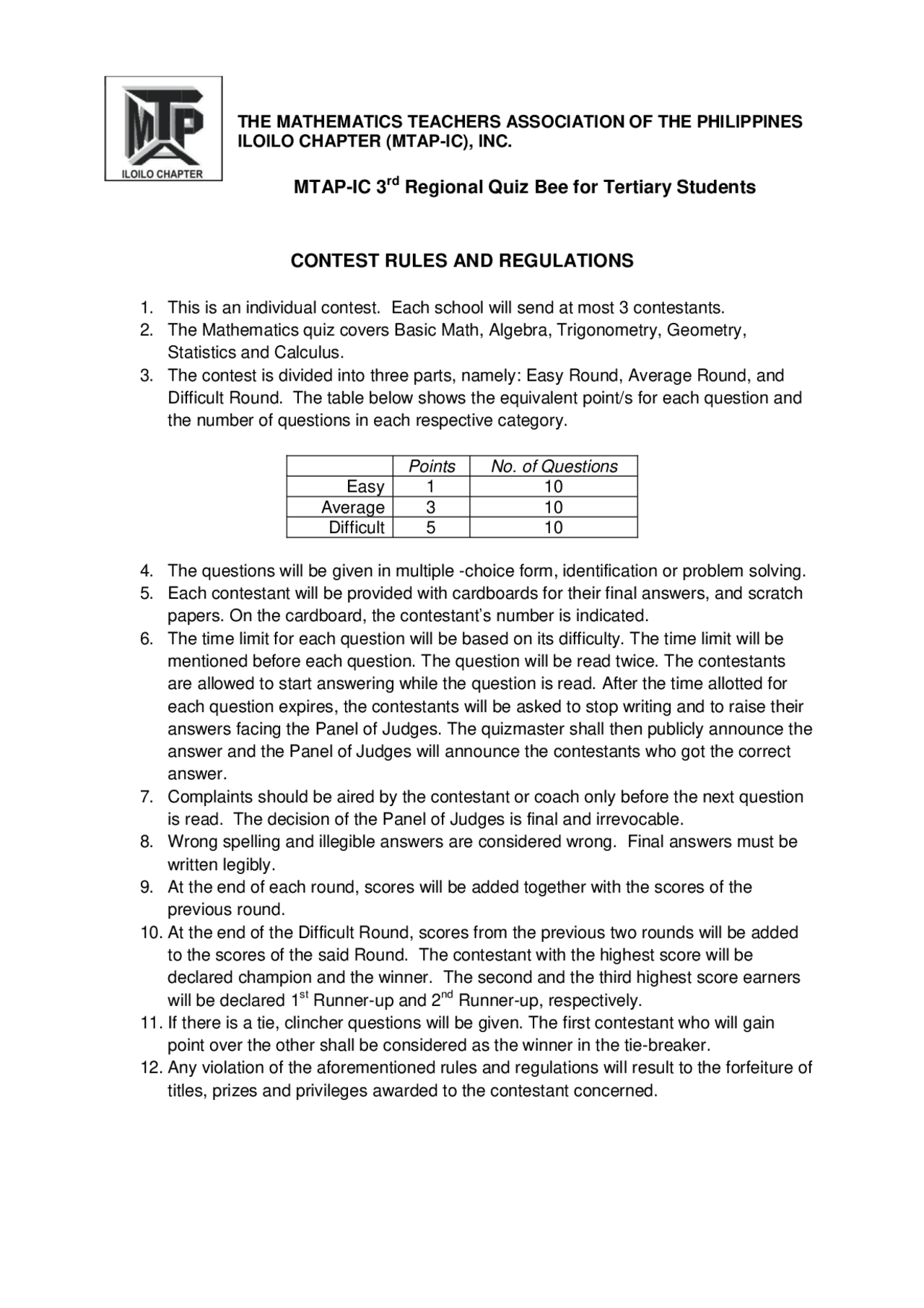 MTAP-IC 3 Regional Quiz Bee for Tertiary Students CONTEST ...
