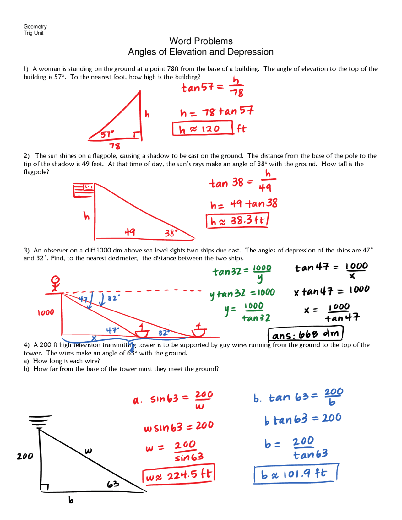 Word Problems Angles Of Elevation And Depression Lecture Notes Word Problems Angles Of Elevation And Depression Lecture Notes
