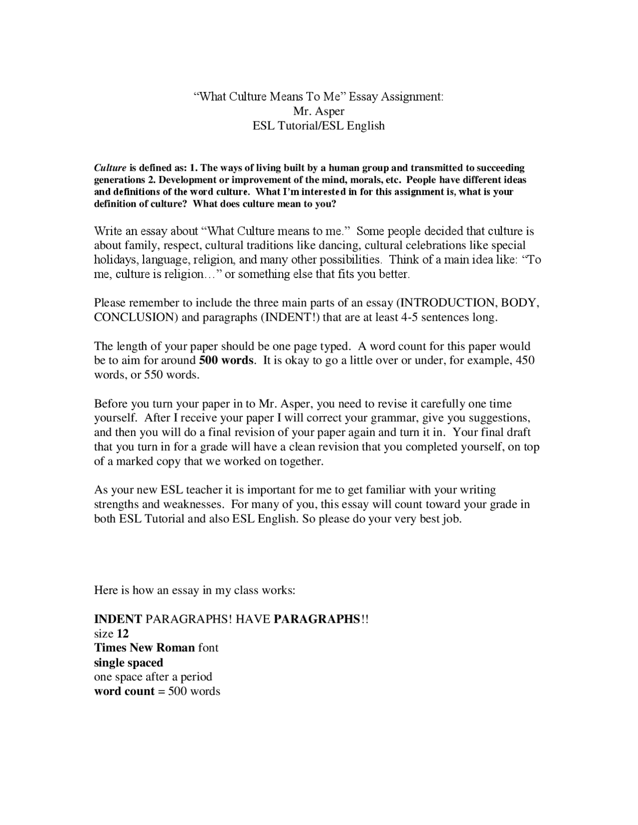 “What Culture Means To Me” Essay Assignment: Mr. Asper ... | Exercises ...