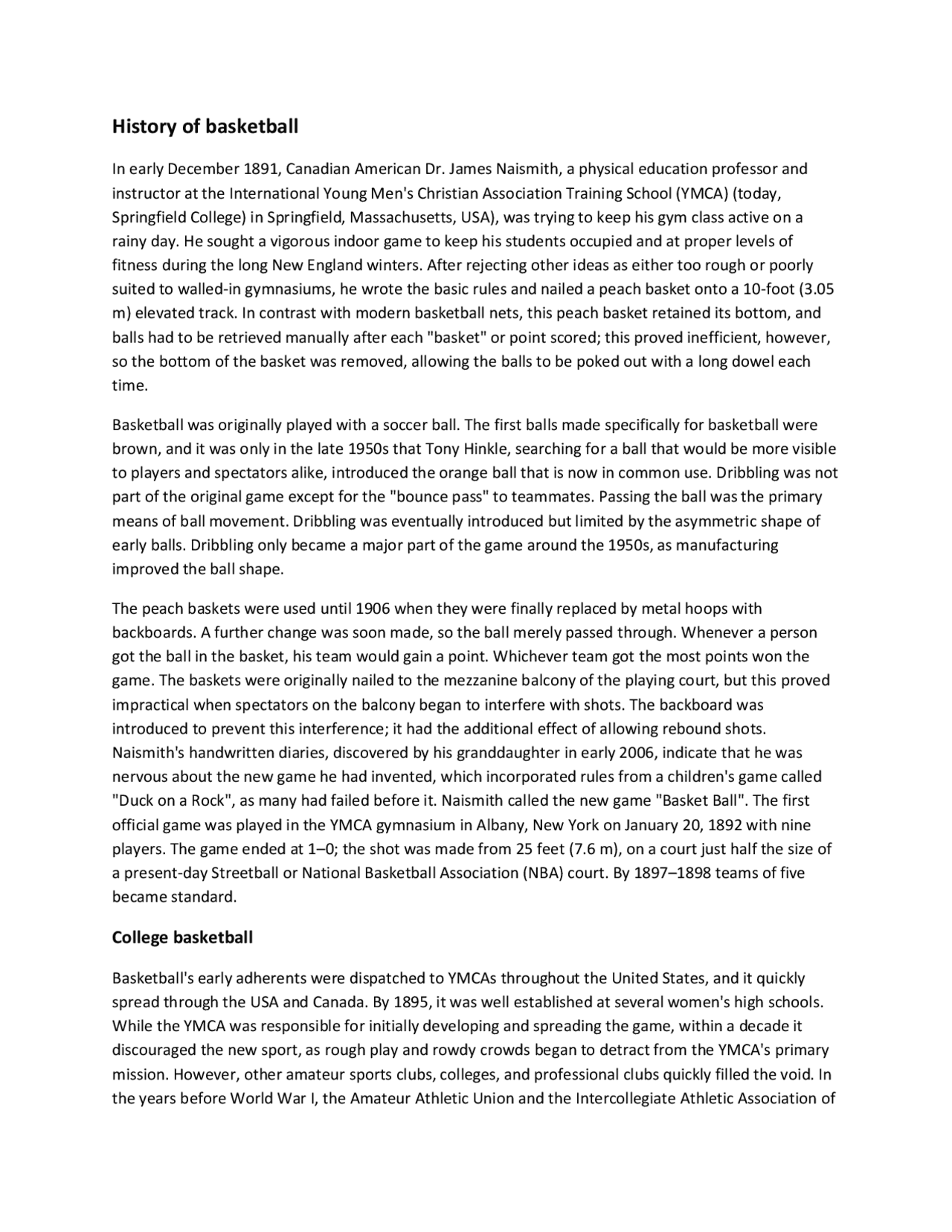 History Of Basketball Assignments History Docsity