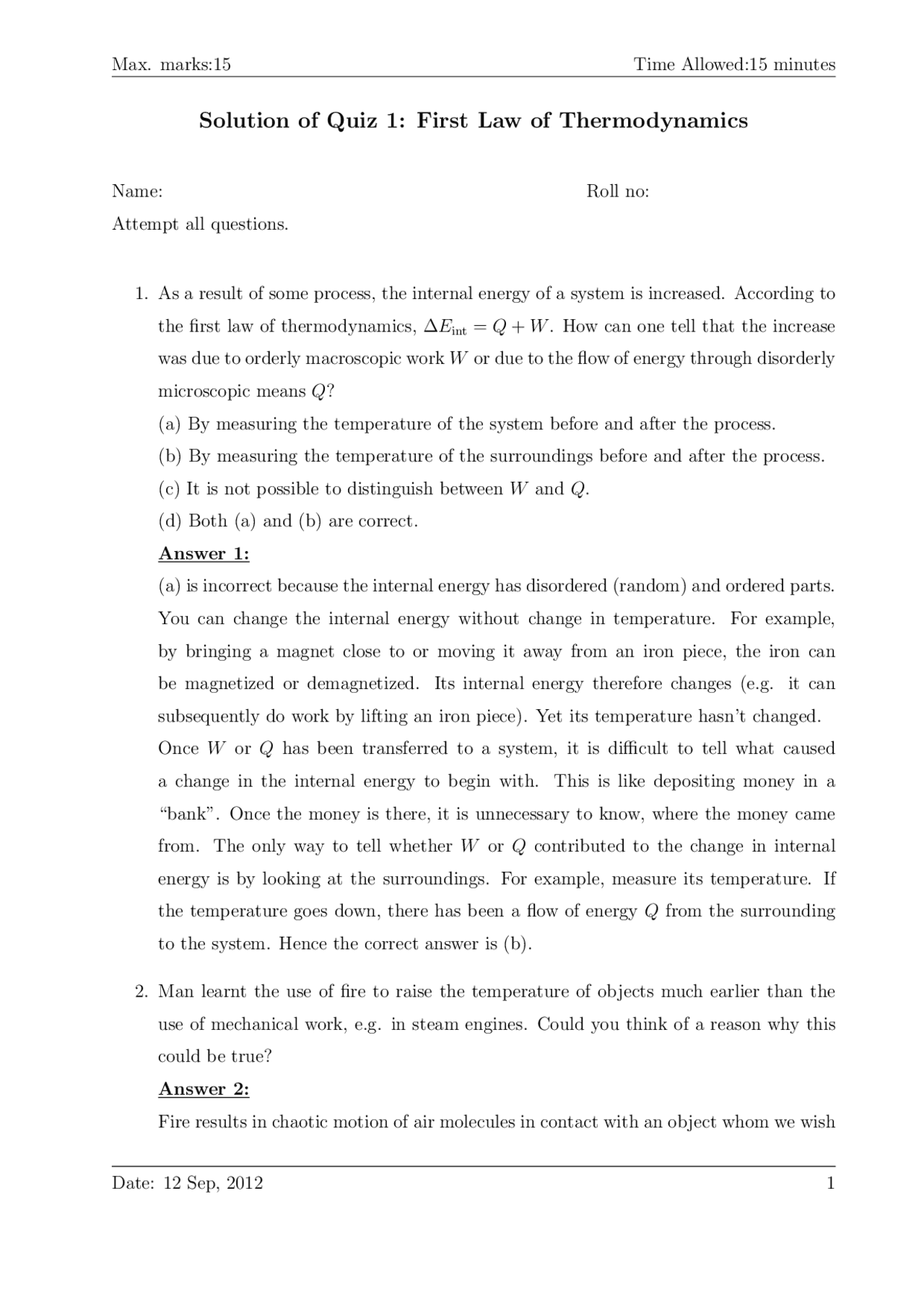 Solution of Quiz 1: First Law of Thermodynamics | Docsity