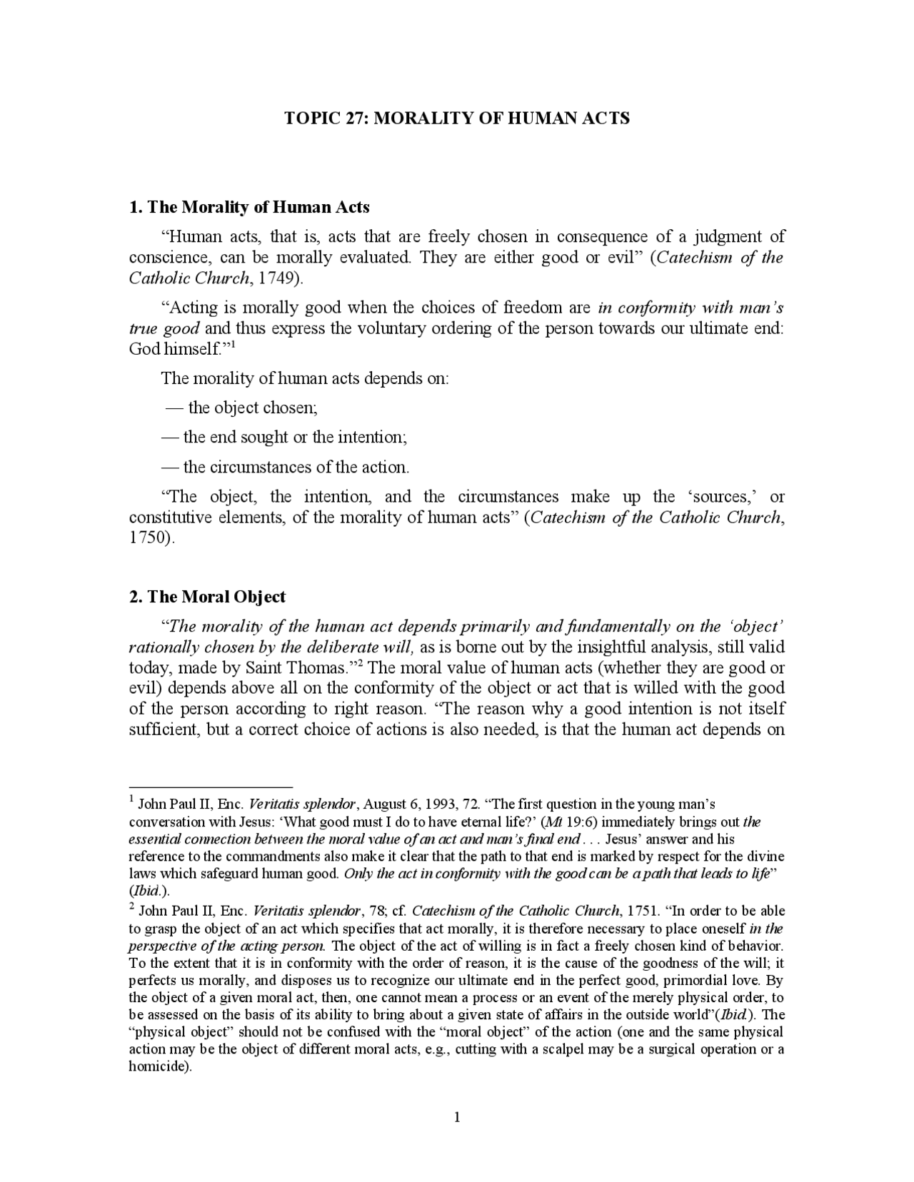 topic 27: morality of human acts | Docsity
