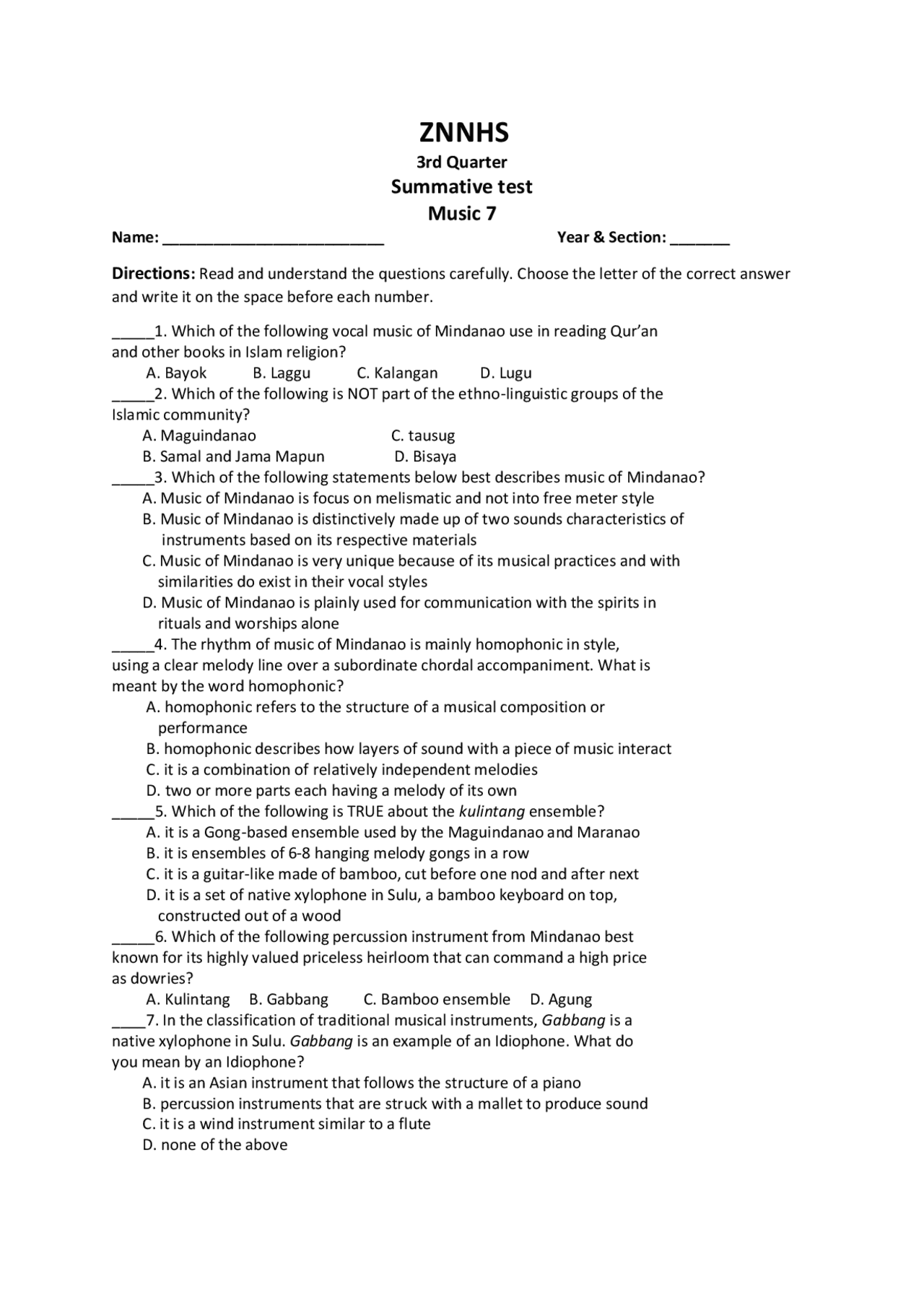 Summative Test Music 7 Assignments World Music Docsity