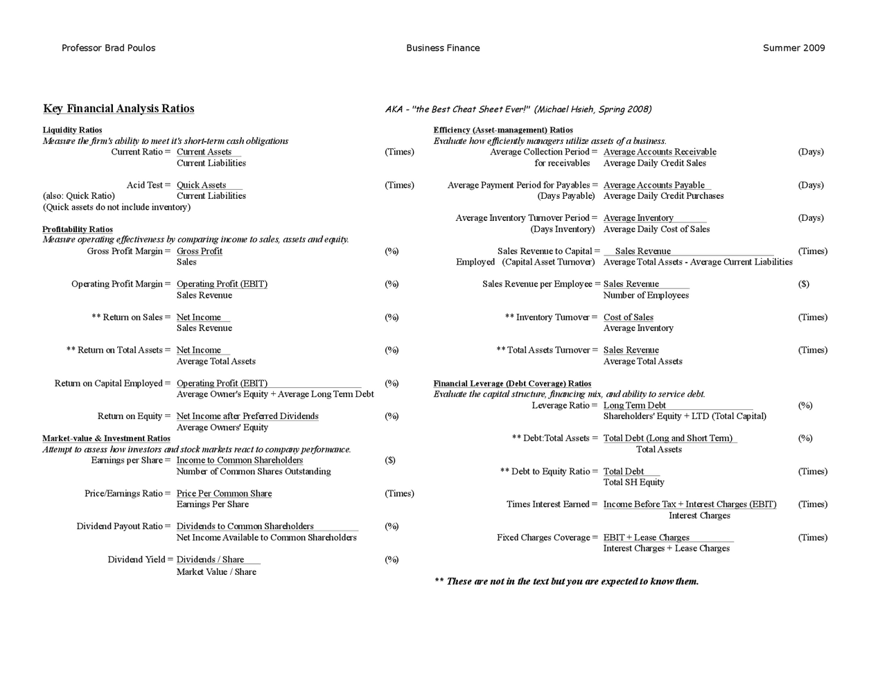 Financial Analysis Ratios Study Notes Business Finance Docsity